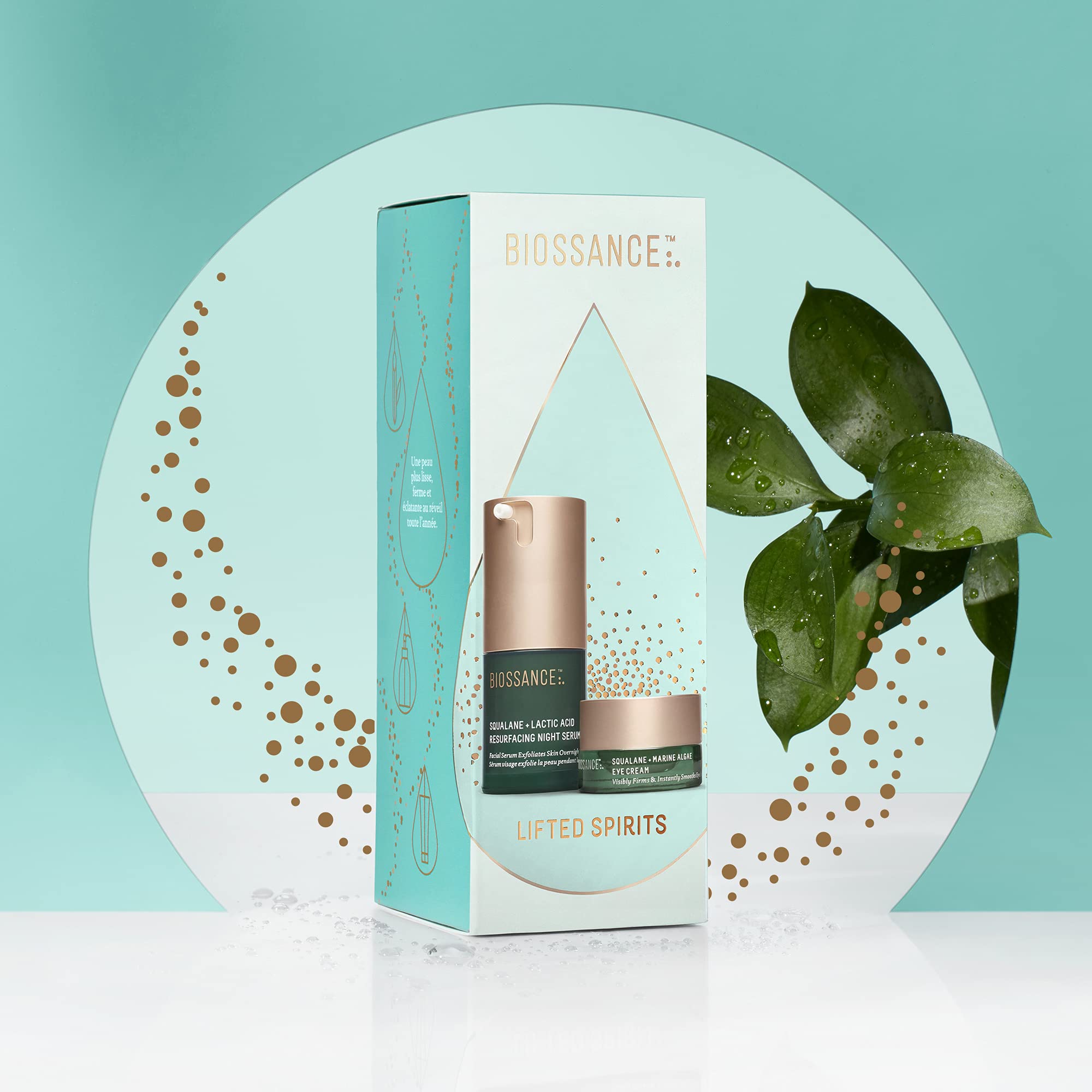 Biossance Lifted Spirits Set. Limited Edition Squalane + Lactic Acid Resurfacing Night Serum (.5 oz) and Squalane + Marine Algae Eye Cream (.1 oz)