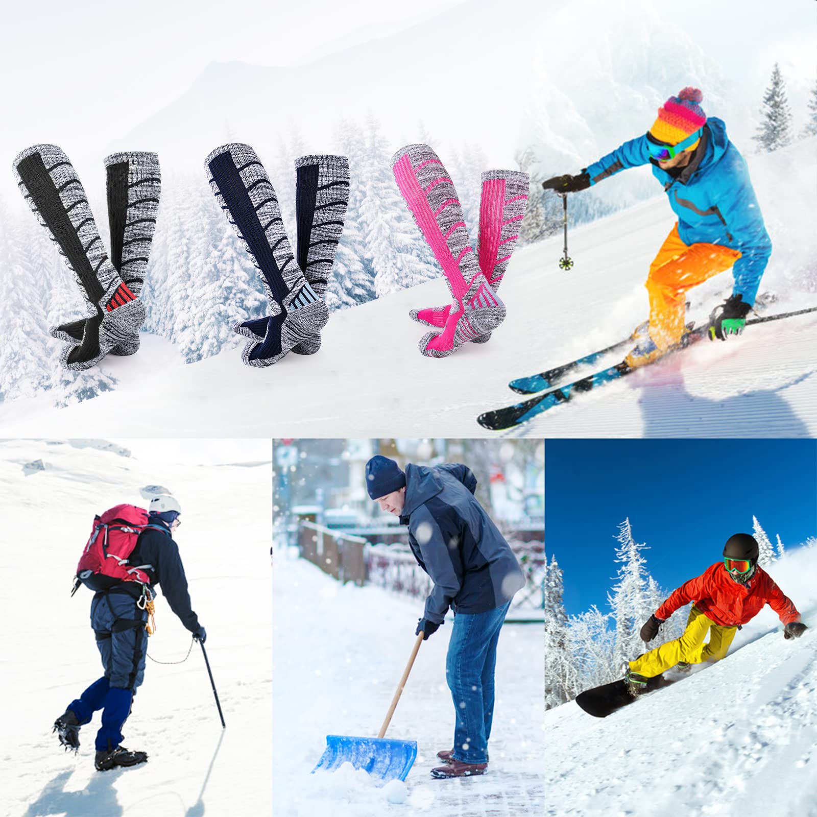 Ski Socks Women Men, 3 Pair Extra Thick Warm Snow Winter Skiing Socks Long Knee High Snow Snowboarding Skiing Socks