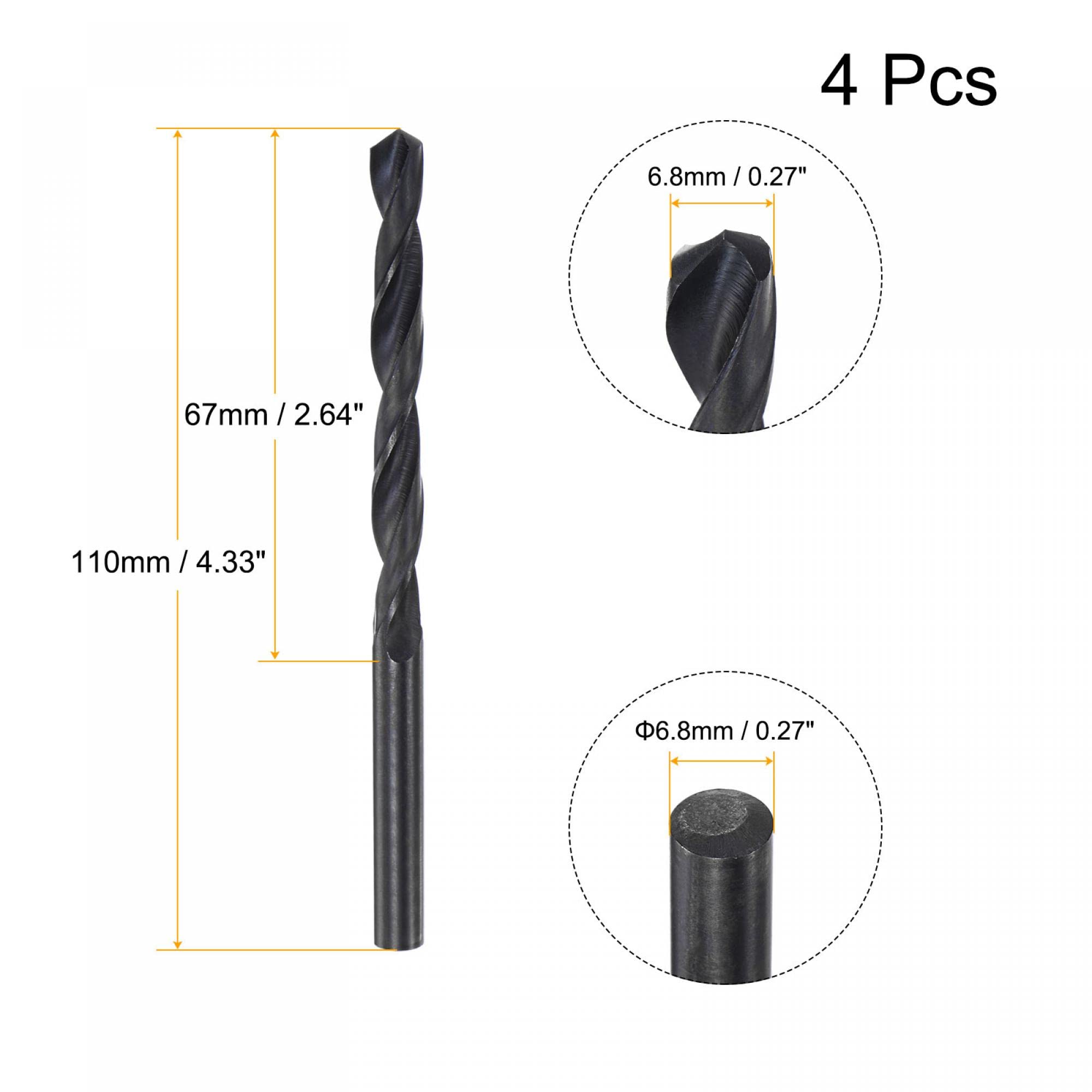 uxcell 6542 High Speed Steel Straight Shank Twist Jobber Drill Bit, Fully Ground Black Oxide Drill Bits 6.8mm Drill Diameter 110mm Total Length 4 Pcs