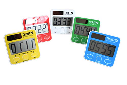TickiT Dual Power Timers - Set of 5 - Red, Yellow, Green, Blue, White - Solar and Battery Powered Digital Timers - Includes Stand and Wall Mount Slot