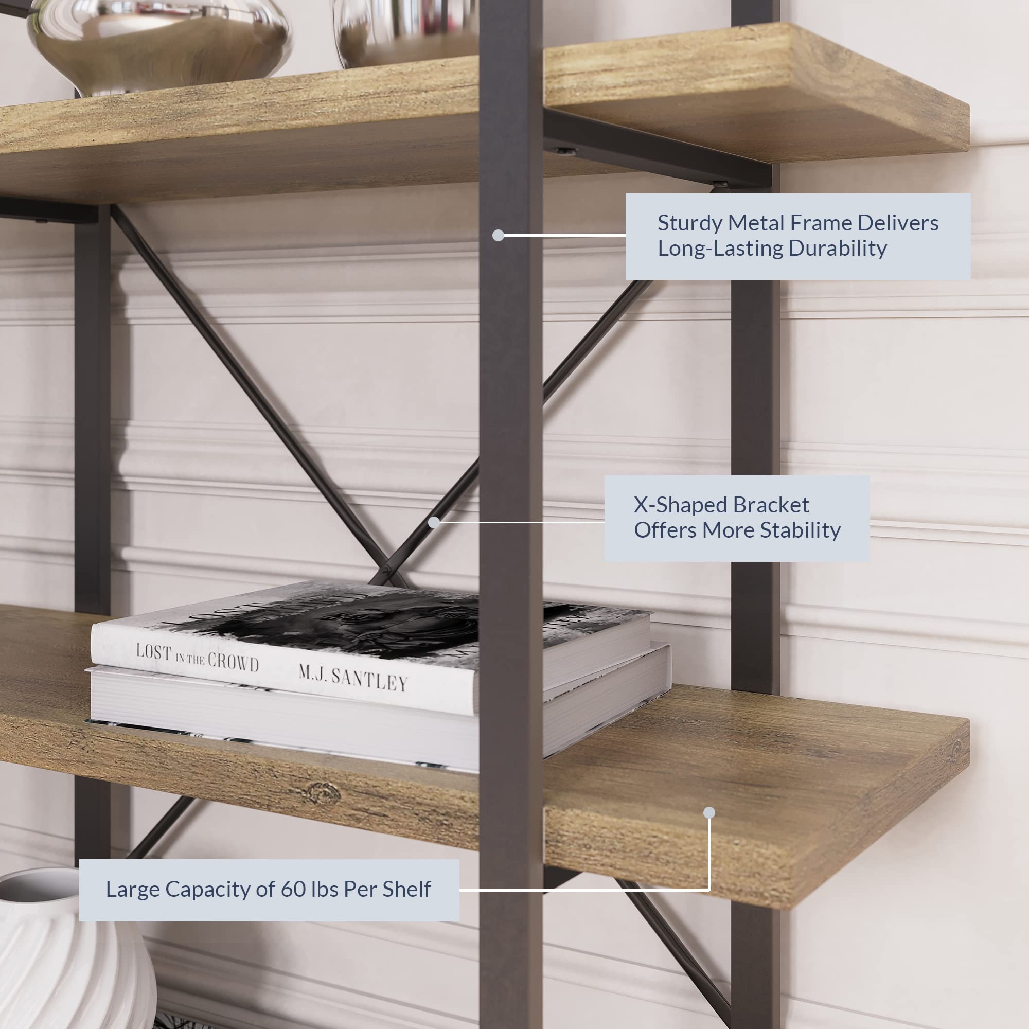 BELLEZE 3 Tier Modern Rustic Industrial Bookshelf, Open Wide Office Etagere Book Shelf, Wood and Metal Bookcases with Storage Display Rack - Hazel (Rustic Oak)