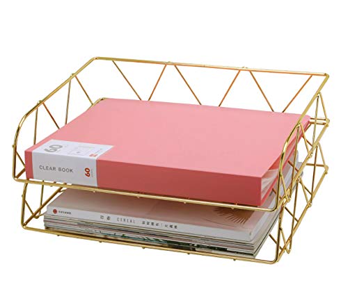 PAG 2 Packs Desktop File Organizer Metal Stackable Horizontal Letter Tray Paper Holder Rack, Gold