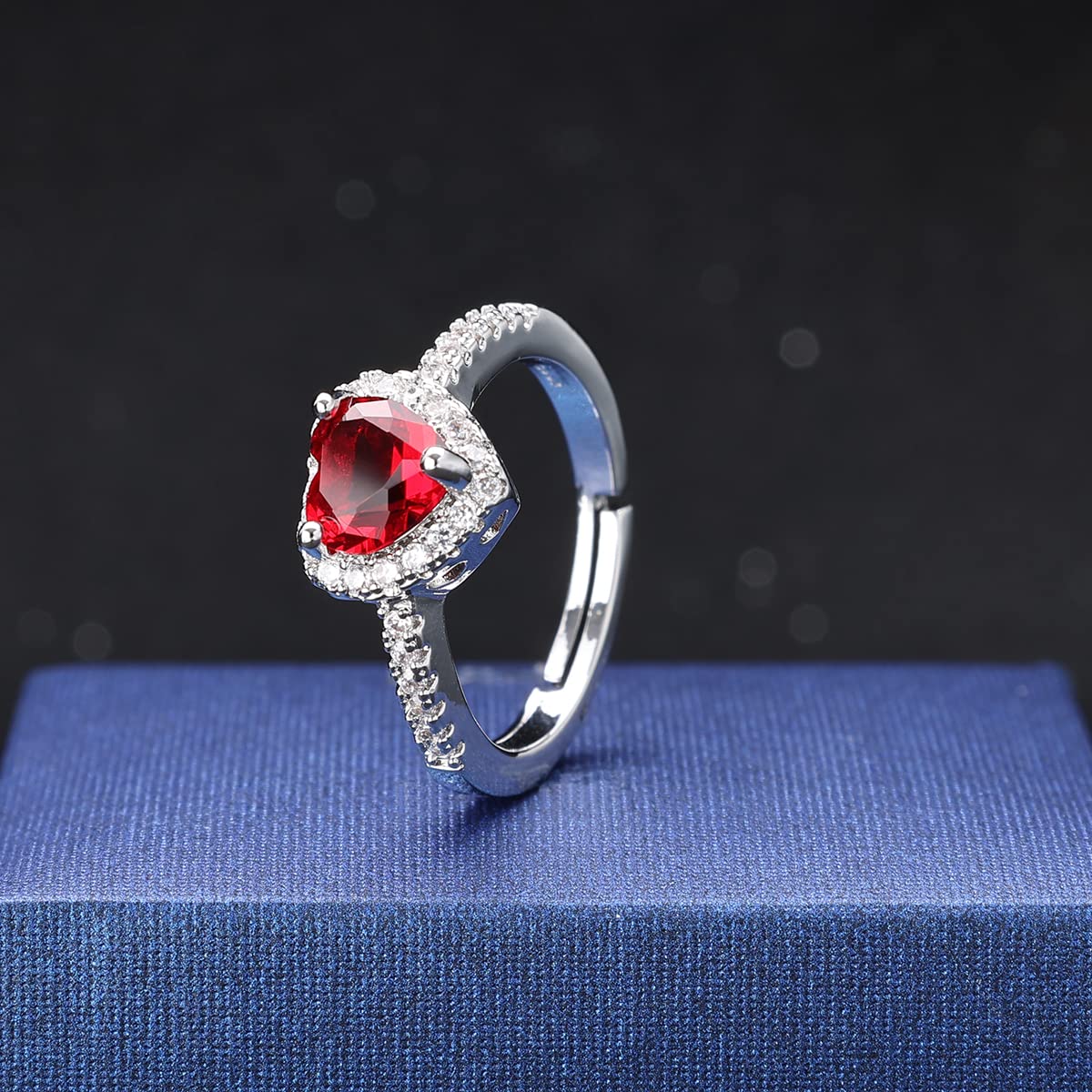 FADISH Women's Created Garnet 925 Sterling Silver Heart Shaped Promise Rings with CZ Cubic Zirconia(Withe Gift Box)