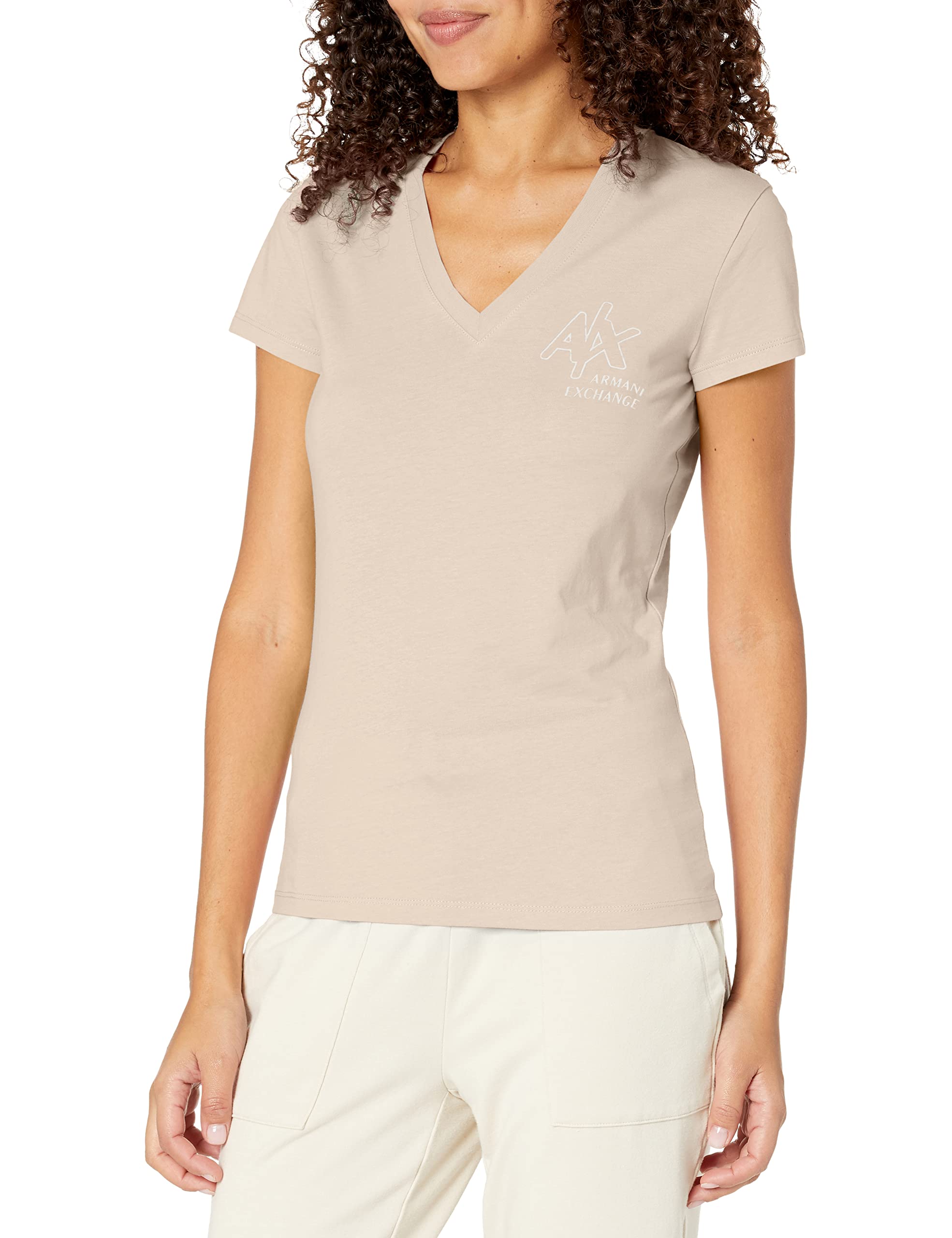 A | X ARMANI EXCHANGE Women's V Neck Slim Fit Breast Logo T-Shirt, Aura, Large