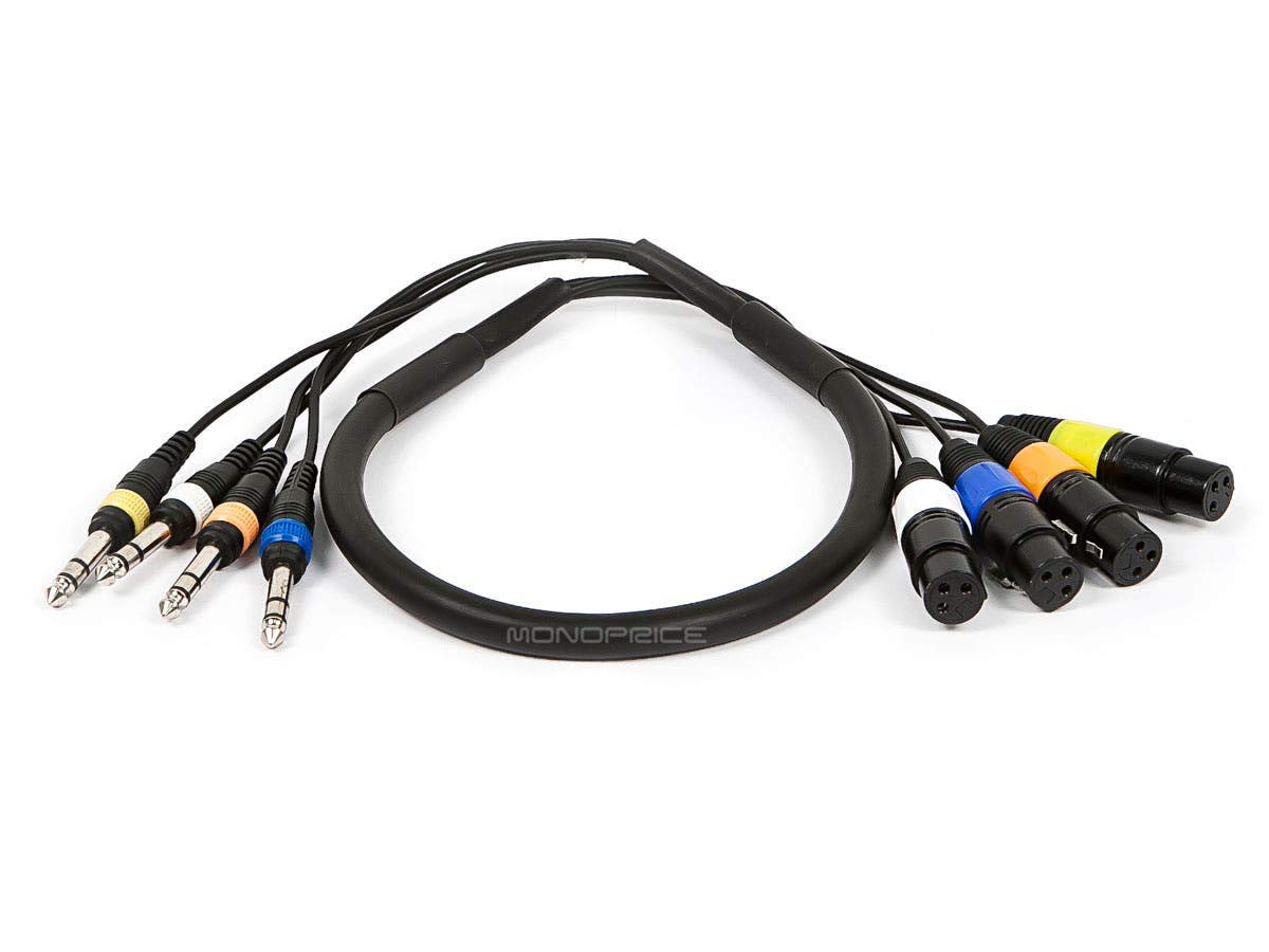 Monoprice 4-Channel TRS Male to XLR Female Snake Cable - 3 Feet - Black, 25AWG, with Slim, Molded Connector Housing