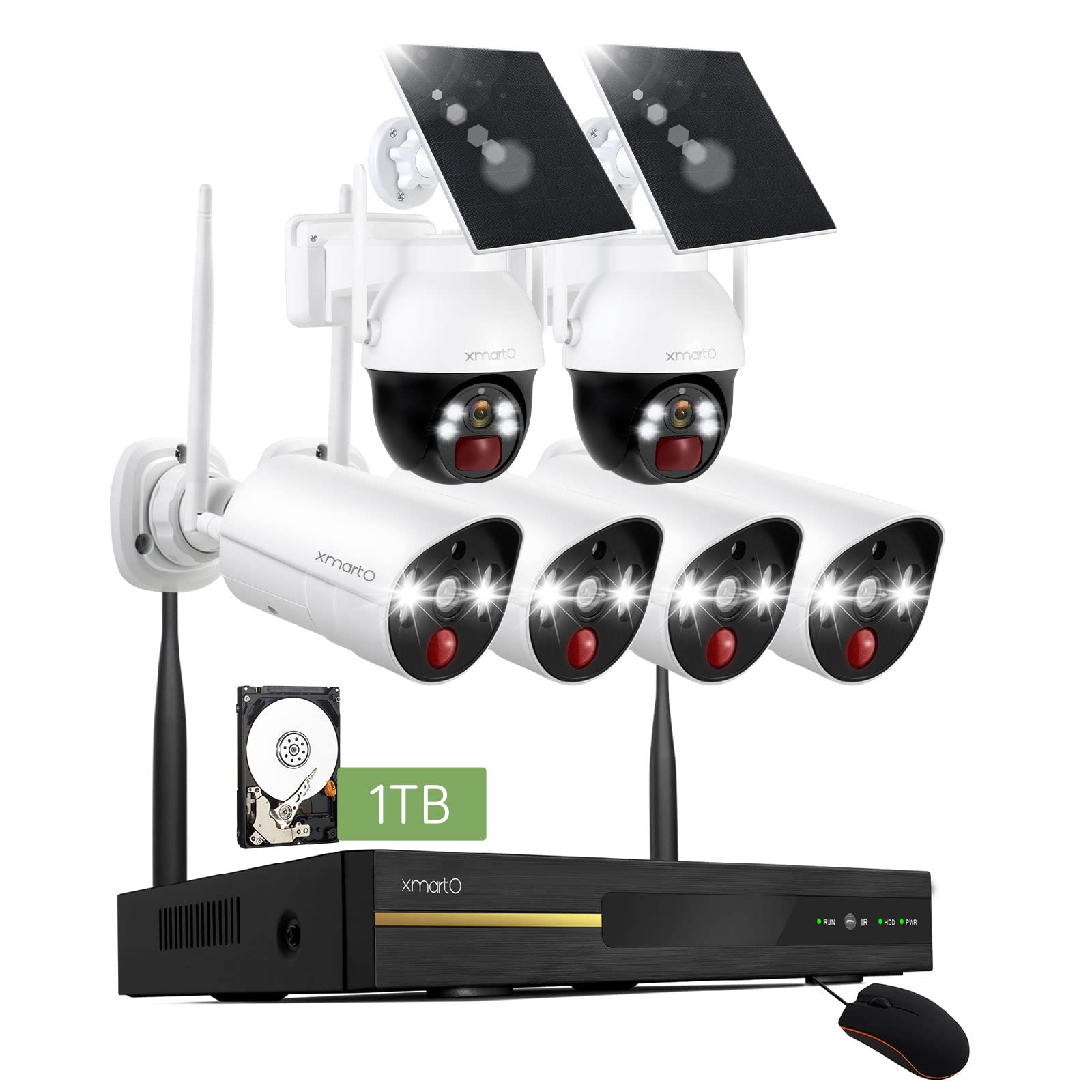 XMARTO 8CH Home Security Camera System Wireless with Human/pet Detection, Smart Flood Lights 2-Way Audio Cameras + 2* Wire-Free PTZ Solar Security Camera, 1TB HDD