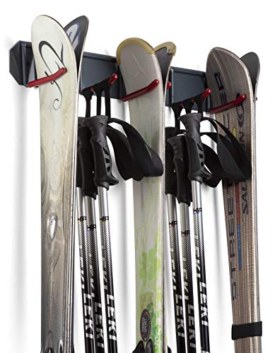 Wall Mounted Horizontal Rack for Storage of Skis and Poles-Heavy Duty Weatherproof Nonslip Garage Wall Organizer for Carrying Snowboard, Hockey Sticks, Skates, Helmets (Large, 2 Ski Sets)