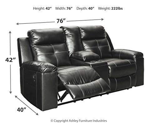 Signature Design by Ashley Kempten Faux Leather Manual Reclining Sofa with High Back, Center Console and Blue LED Lighting, Black