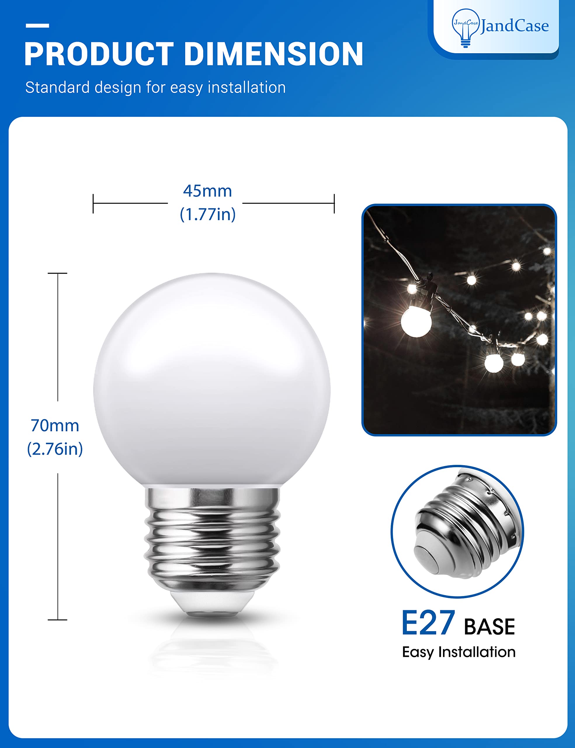 JandCase G40 Light Bulbs Replacement, Low Watt Light Bulbs, 15 Watt Light Bulbs Equivalent E26 Base, Non-dim, 1W 6000K LED Small Light Bulbs for Bathroom Vanity Porch Outdoor String Light Bulbs,6 Pack