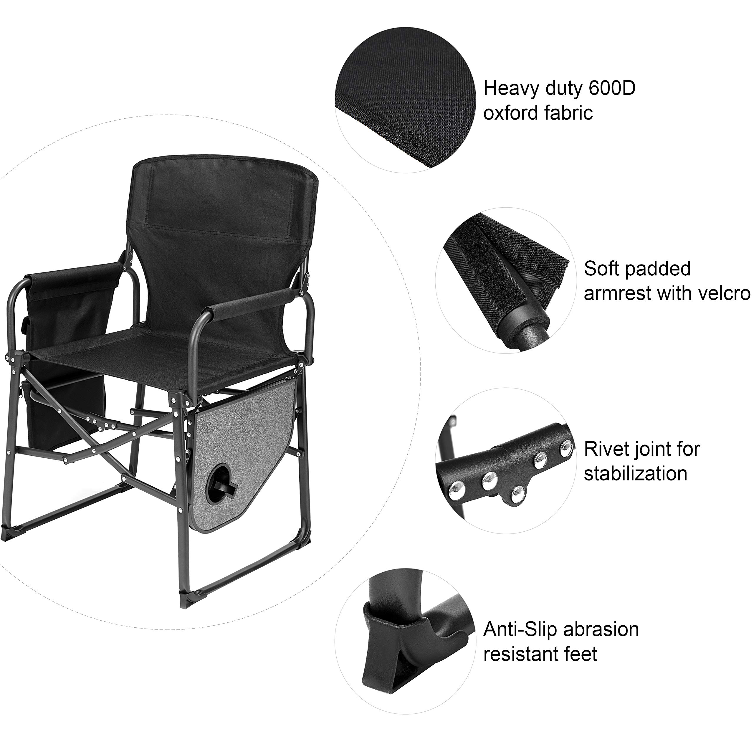 Ubon Steel Frame Portable Director's Chair Ultra Wide Lightweight Seat with Side Table & Pockets - Foldable Equipment for Camping, Beach, Travel, Sports Games - 300lb Capacity