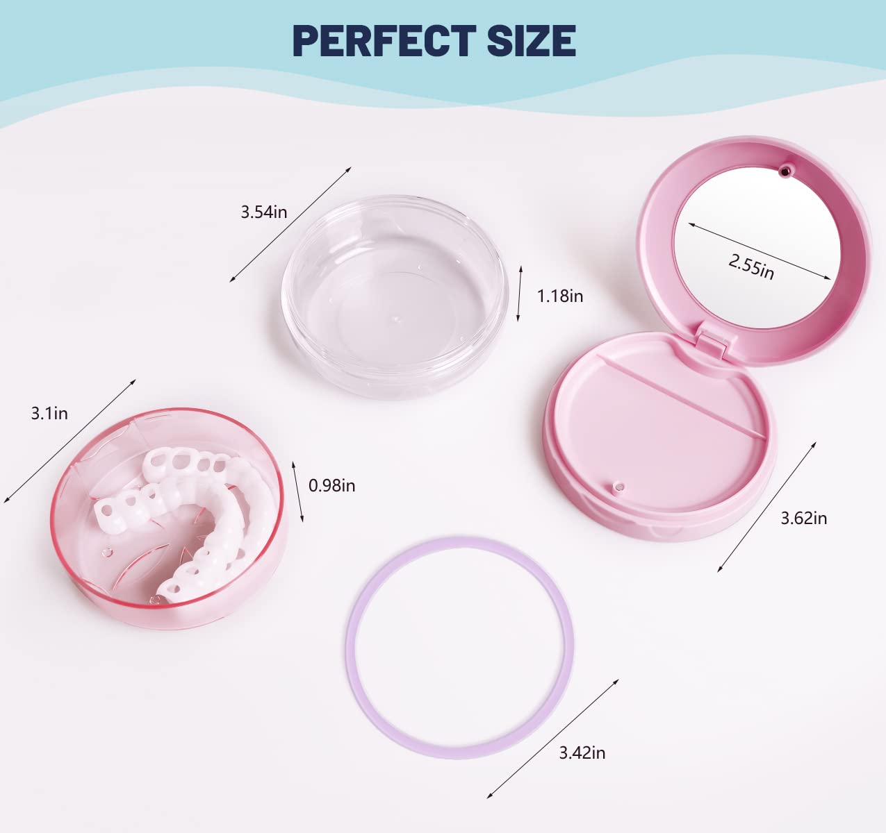 Uouovo Denture Bath Case, Definitely No-Leak, Complete Clean Care for Dentures, Clear Braces, Night Guard & Retainers, Retainer Case for Traveling, Denture Cup with Strainer & Mirror (Pink)
