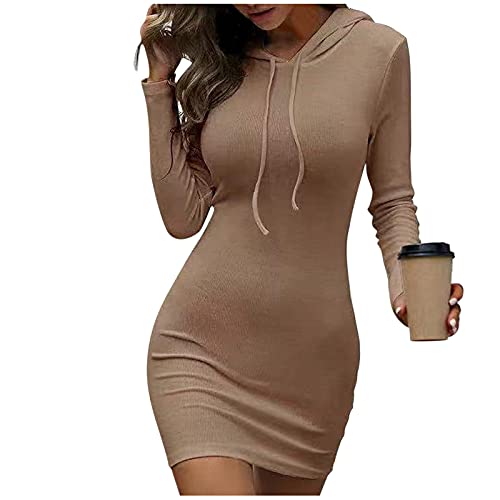 Slim Knitted Hoodie Dress for Women Drawstring Solid Color Long Sleeve Casual Ribbed Mini Dress Brown