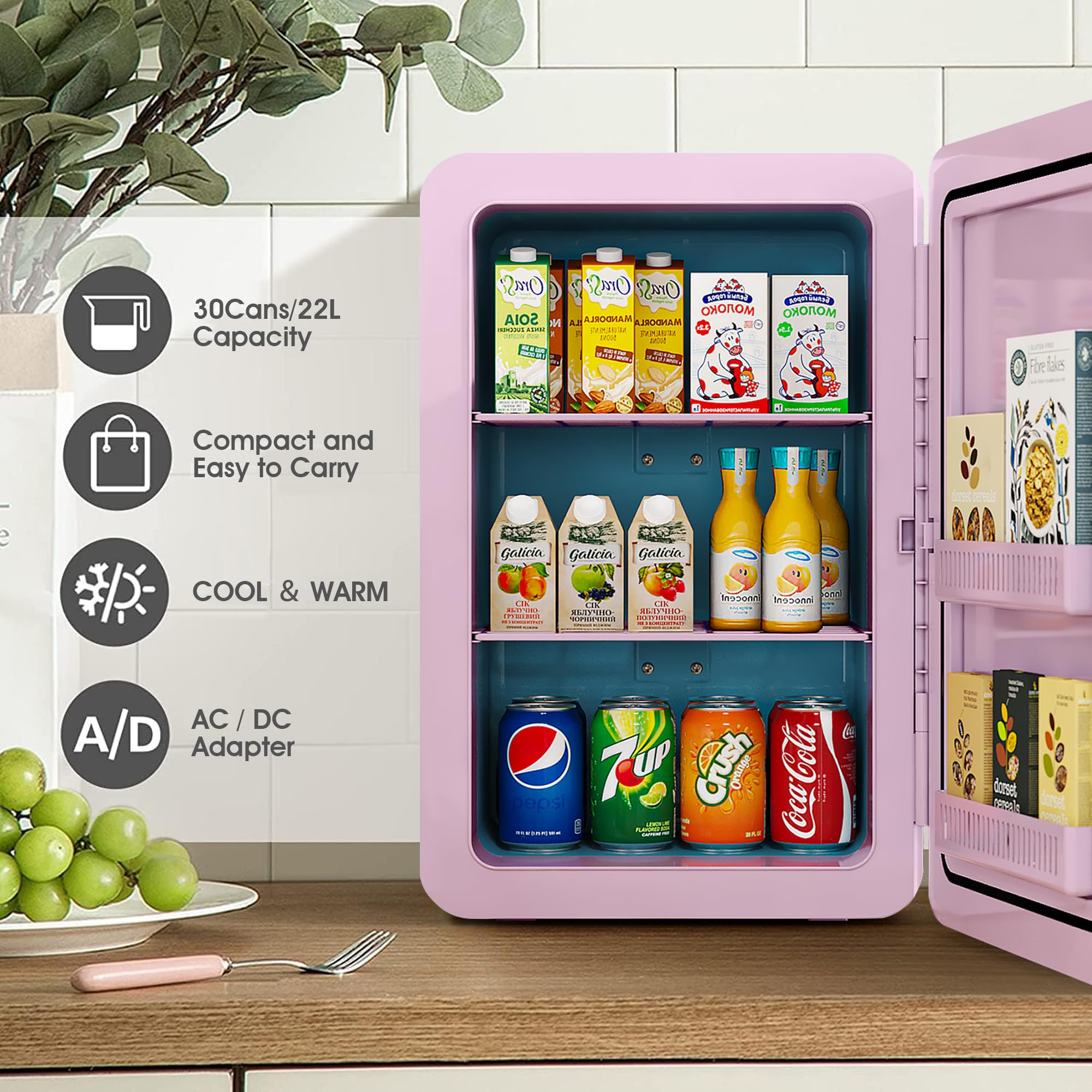 Kikihuose 22L/30Cans Mini Fridge for Bedroom, 12v DC Portable Cooler & Warmer, Mini Refrigerator with Glass Front, for Car Office Desk & Dorm Room Beverage Skincare Makeup (Fast Cooling Pink)
