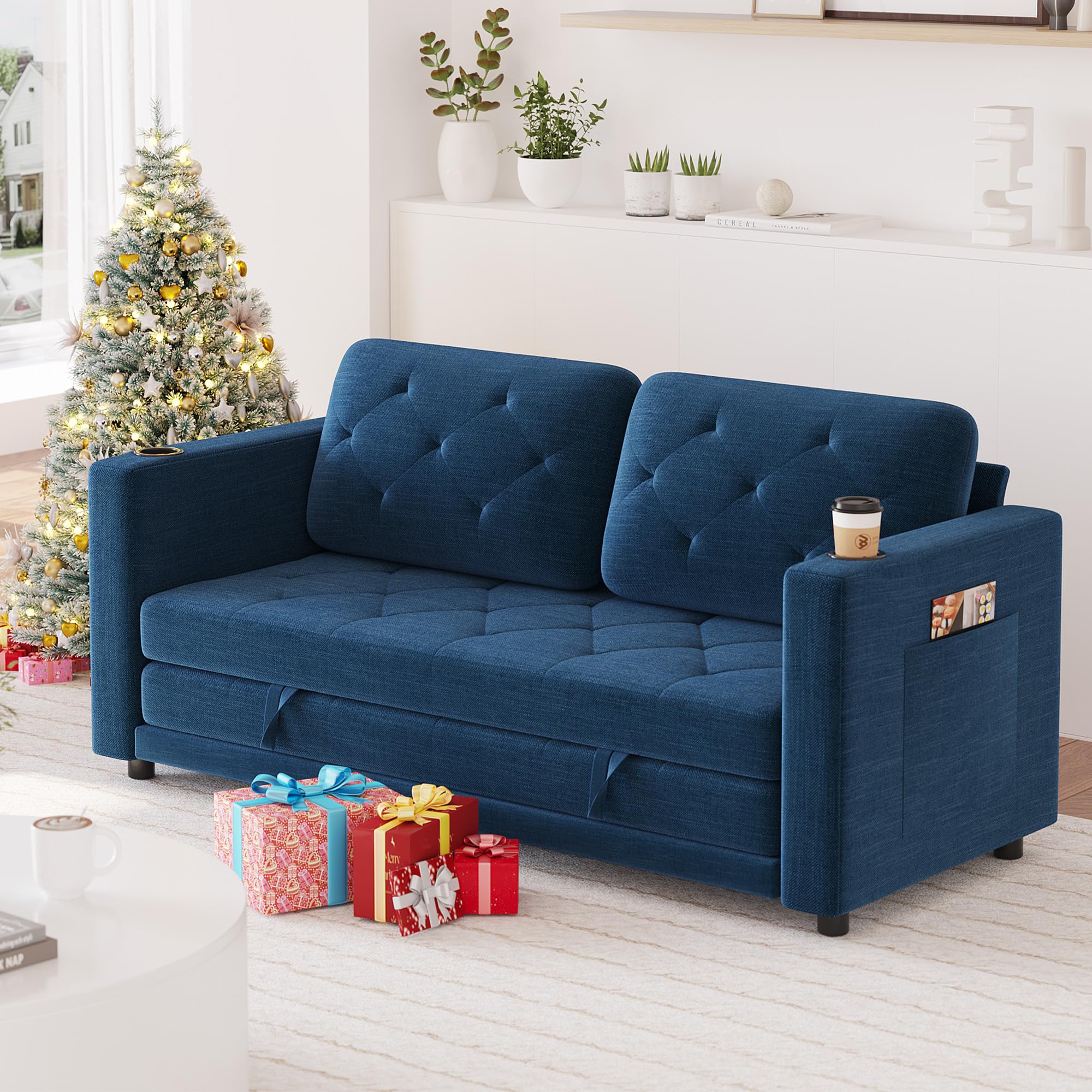 HNEBC Pull Out Sleeper Sofa, Loveseat Futon Sofa Bed with Side Pockets, Convertible Floor Small Couch with Cup Holders, Full Size Folding Couches for Apartments/Living Room (Blue, 72008)