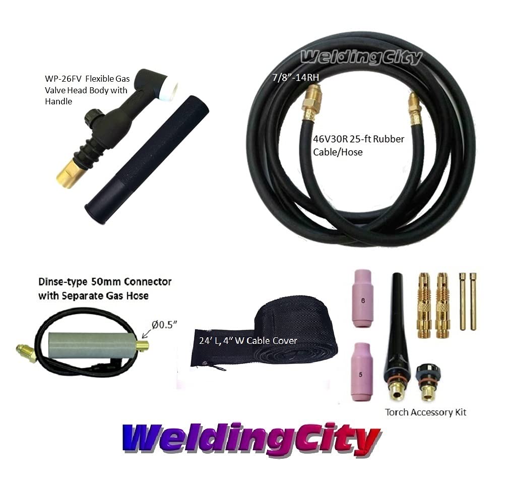 WeldingCity 200-amp WP-26FV (Flexible Head w/Gas Valve) Air-cooled TIG Welding Torch Complete Package with 25-ft Power Cable Hose and Dinse 35-50 (Solid 1/2"-pin) Cable Adapter (with Separate Gas)