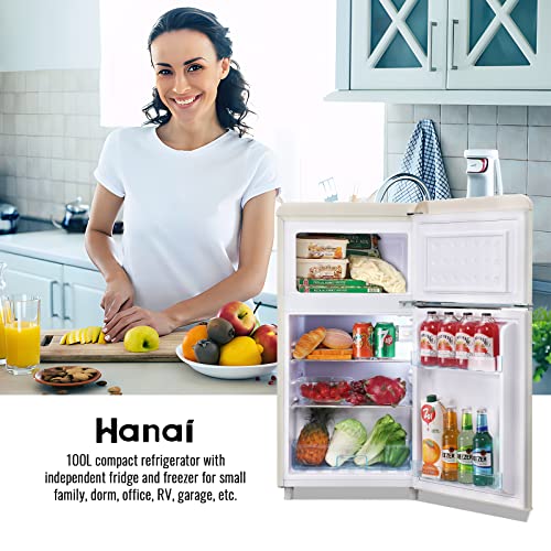 WANAI 3.5 Cu.ft Retro Mini Fridge with Freezer Small Refrigerators Dual Doors & Handles Cream Freestanding Classic Refrigerator Removable Glass Shelves Adjustable Thermostat for Home Office Dorm RV