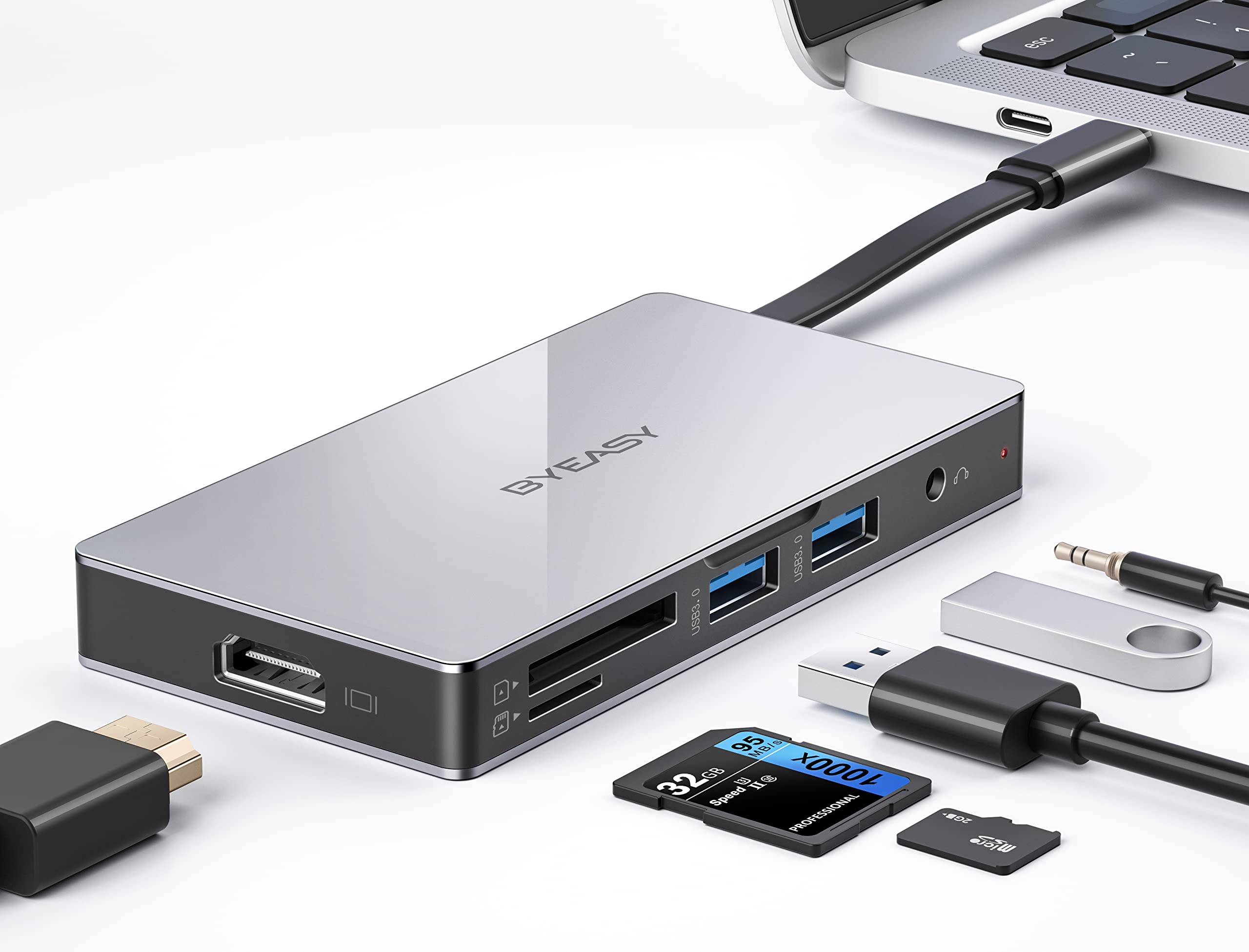 BYEASY 7 in 1 USB C Hub, 4K HDMI Adapter, USB C 100W PD Output, USB 3.0 * 2, SD/Micro SD Reader, 3.5mm Audio Compatible with Laptop, MacBook, Surface, iPad Air Pro and Other Type C Devices.