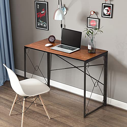 VECELO Folding Computer Desk 39.4'', Simple Laptop Table Home Office Workstation for Reading Writing, No Assembly Needed, Small Space, Teak Brown