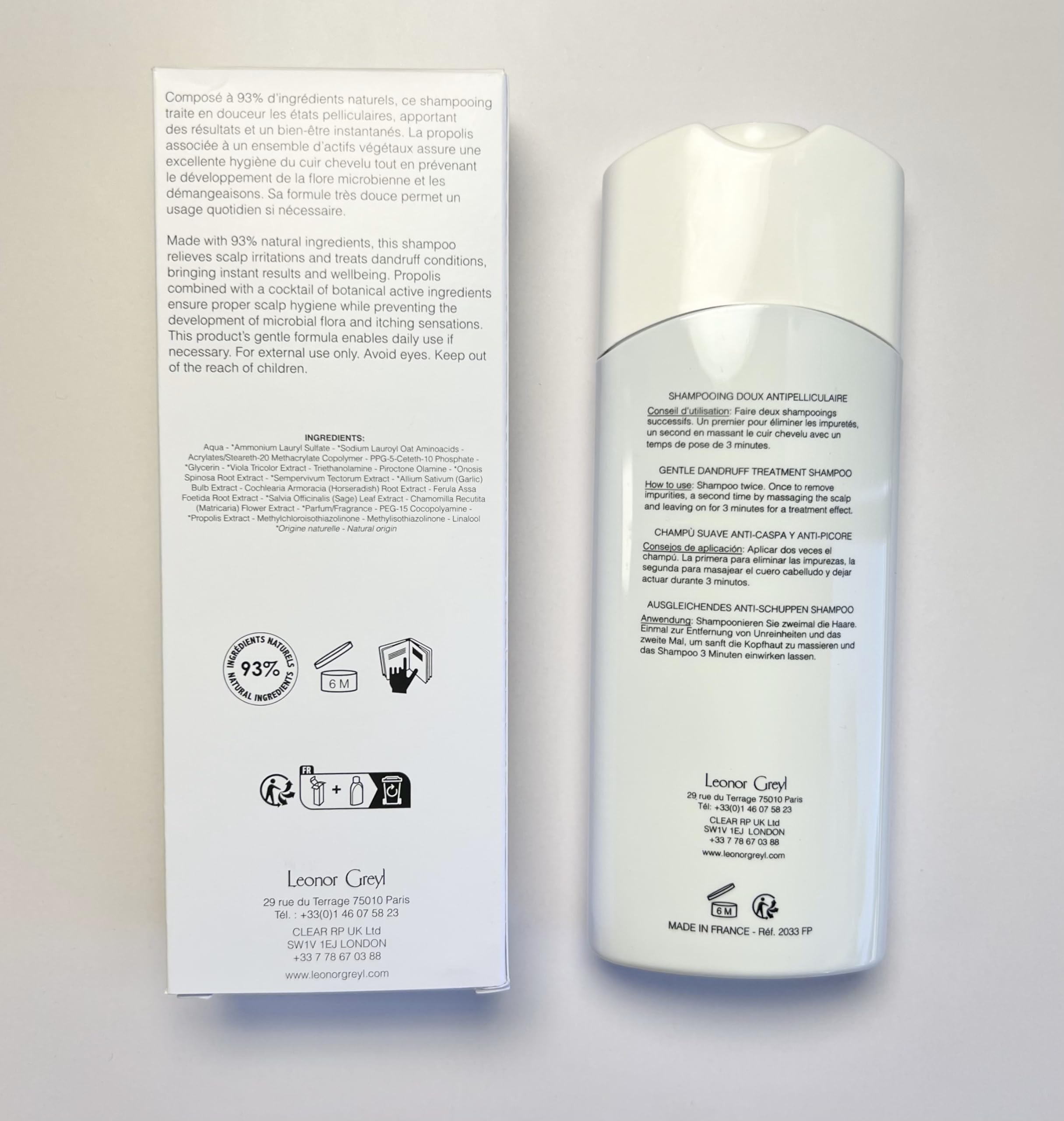 Leonor Greyl Gentle Dandruff Shampoo (Bain Traitant a La Propolis), Propolis & Chamomile Natural Dandruff Shampoo, 6.7 oz. Made In France