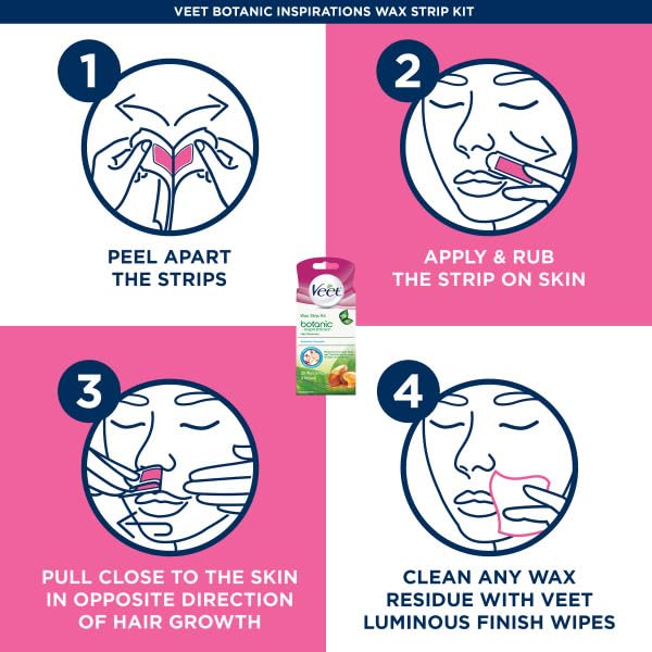 Veet Hair Removal Wax Strips- Botanic Inspirations Easy- Gelwax Technology, Sensitive Formula Hair Remover Wax Strip Kit with Argan Oil, 20 wax strips with 4 wipes (Pack of 3)