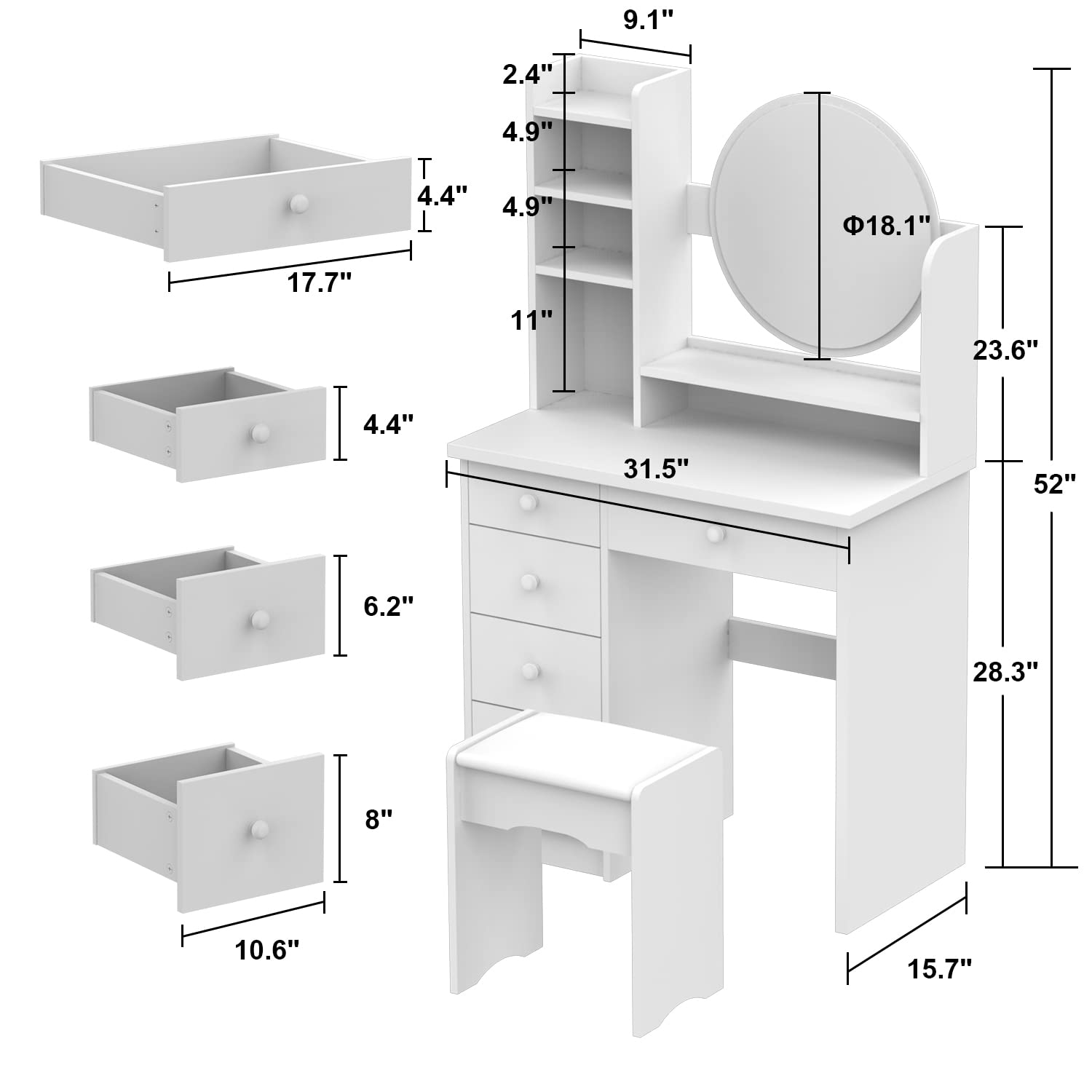 AGOTENI Makeup Vanity Set Dresser Desk with 5 Drawer and Shelf Round Mirror Dressing Table Vanity Set with Cushioned Stool for Bedroom, White