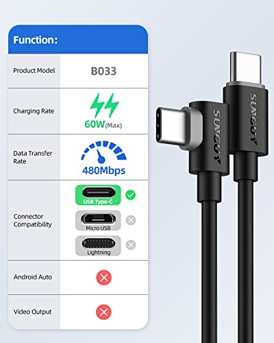 SUNGUY USB C to USB C Cable 1FT [2Pack], Right Angle 90 Degree Type C to C 60W PD Fast Charge Compatible for Samsung Galaxy S21 S20 S10, MacBook Air/Pro, iPad Pro 2020, Pixel 4/3 XL