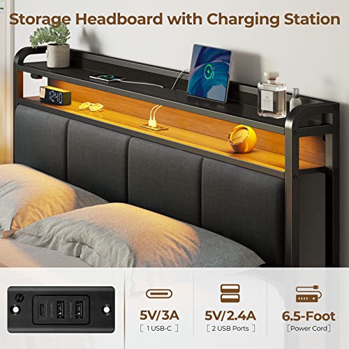 Rolanstar Bed Frame Full Size with Charging Station and LED Lights, Upholstered Headboard with Storage Shelves, Heavy Duty Metal Slats, No Box Spring Needed, Noise Free, Easy Assembly, Dark Grey