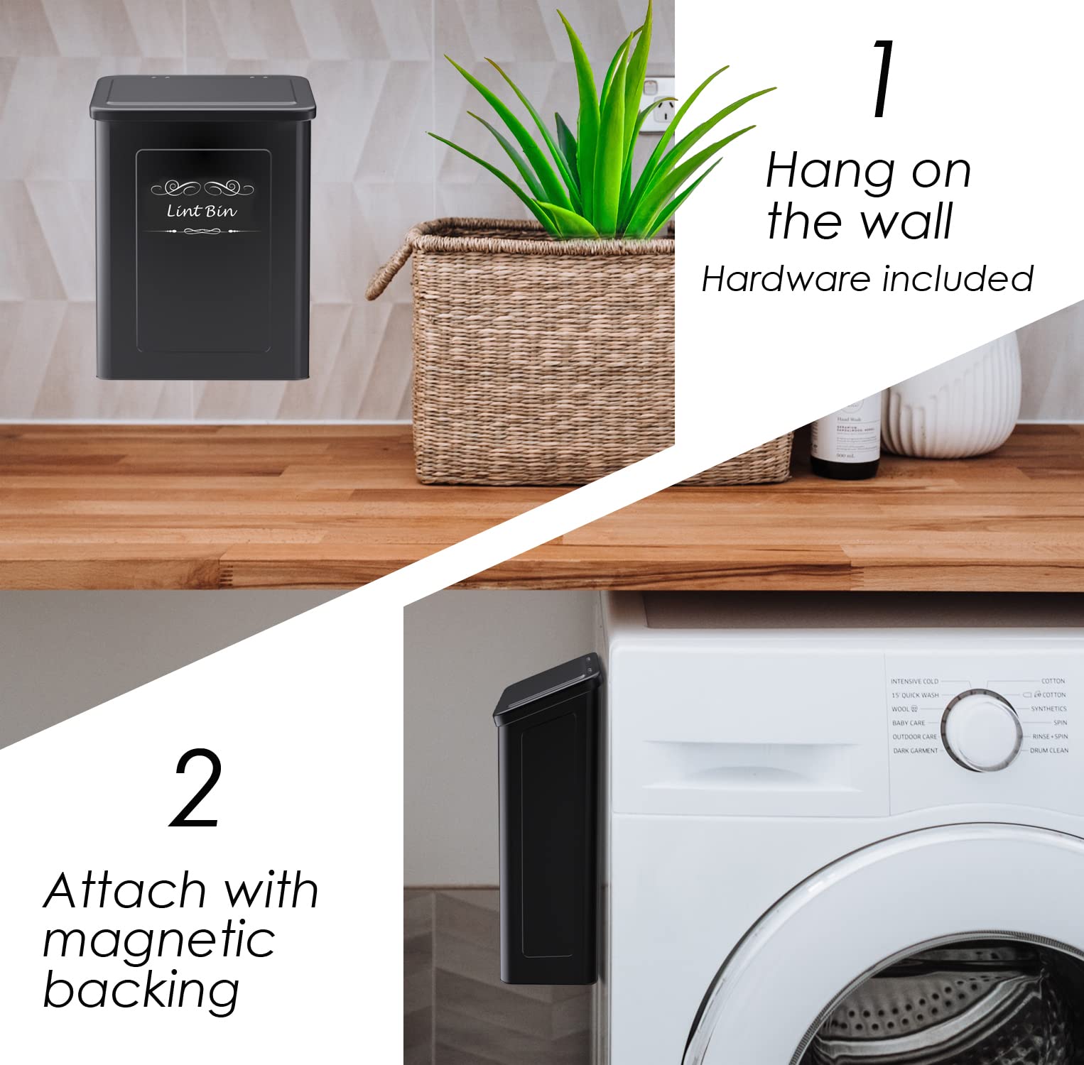 ELITAPRO Lint Holder Bin for Laundry Room - Farmhouse Magnetic Lint Bin with Lid - Wall Mounted Laundry Trash Can for Dryer, Washer - Laundry Room Organization and Storage - Hanging Lint Box (Black)