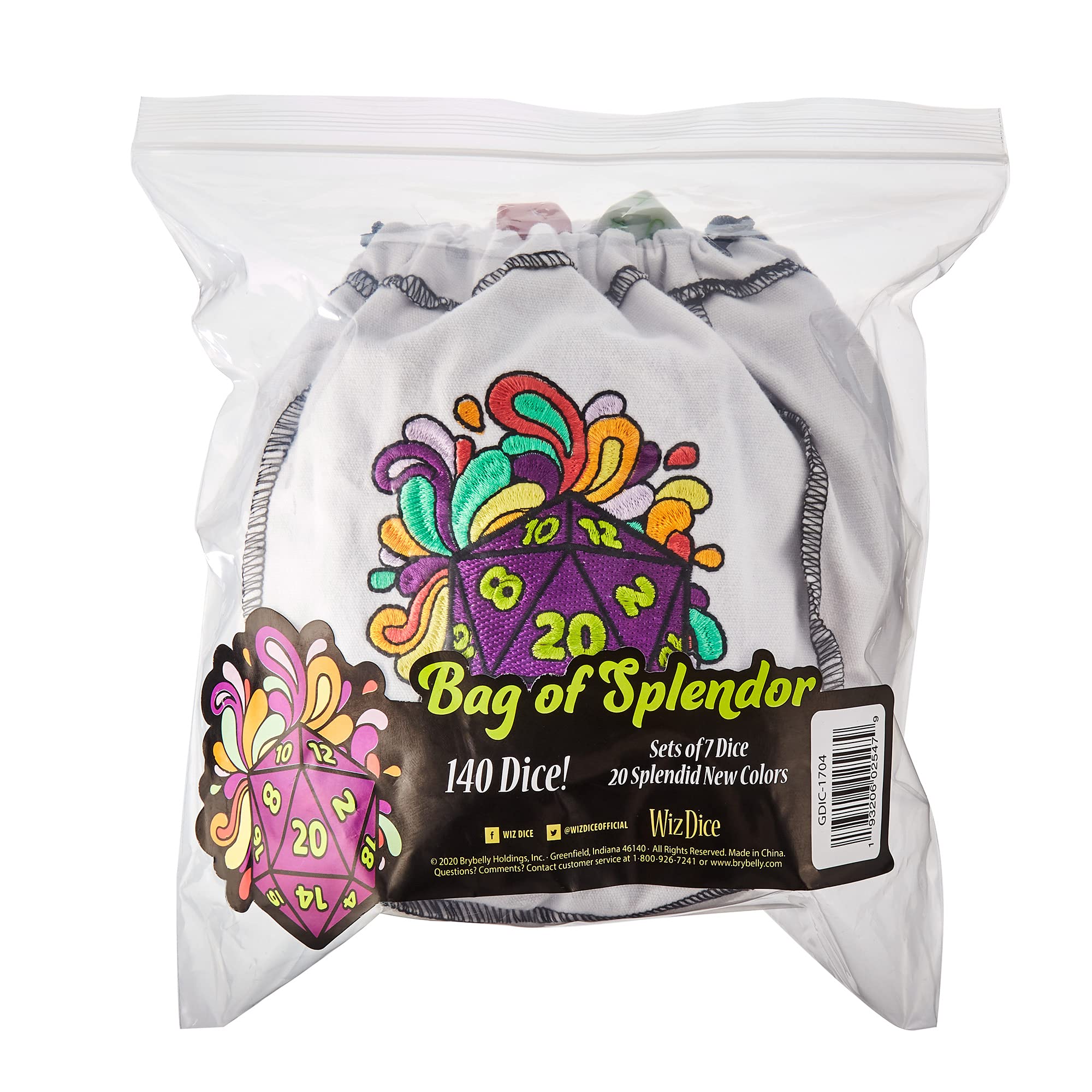 Wiz Dice Bag of Splendor - 140 Polyhedral Dice in 20 Sets - Complete Collection of Series IV Dice in Embroidered Dice Bag - TTRPG Role-Playing Bulk Tabletop RPG Gaming Accessories - D20 D6 D4