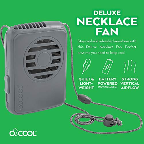 O2COOL Battery Powered Deluxe Necklace Fan For Personal Cooling With Adjustable Lanyard (Grey) 2 Pack