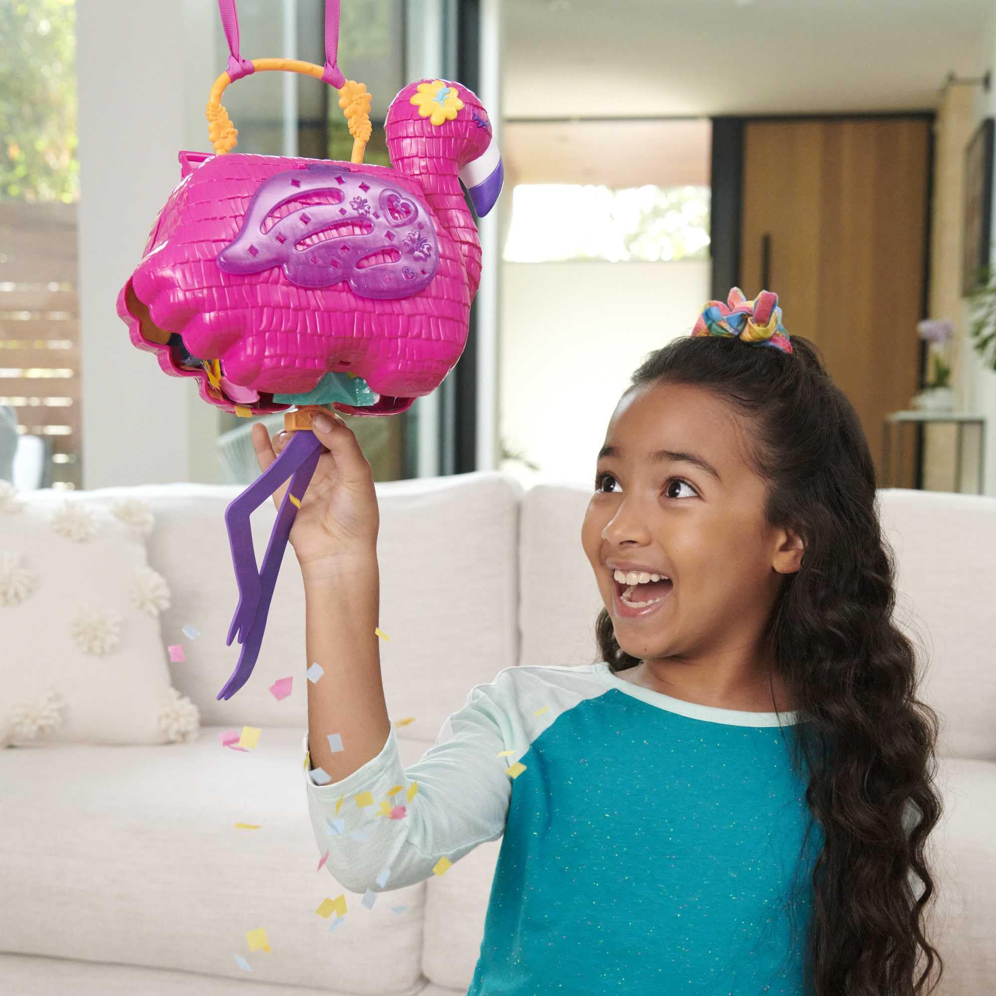 Polly Pocket Flamingo Party Large Compact Playset with 26 Surprises (Including Micro Margo & Friend Dolls), Pop & Swap Feature, Tropical Party Play Areas: Palm Tree Slide & Swing; Banquet; Water Area