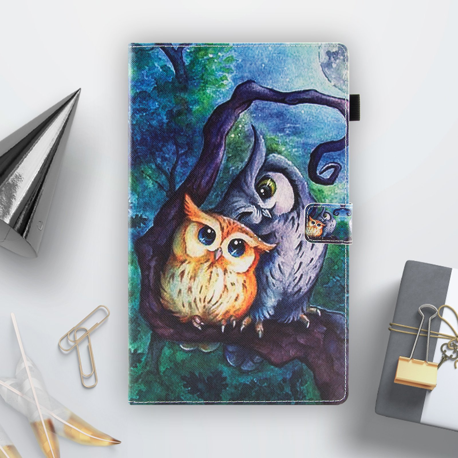 UUcovers for Kindle Fire HD 10 Case 9th/7th Generation (2019/2017) 10.1 inch with Stylus Pencil Holder/Card Slots/Folio Stand PU leather Magnetic Smart Wallet Cover [Auto Wake/Sleep], Oil Painting Owl