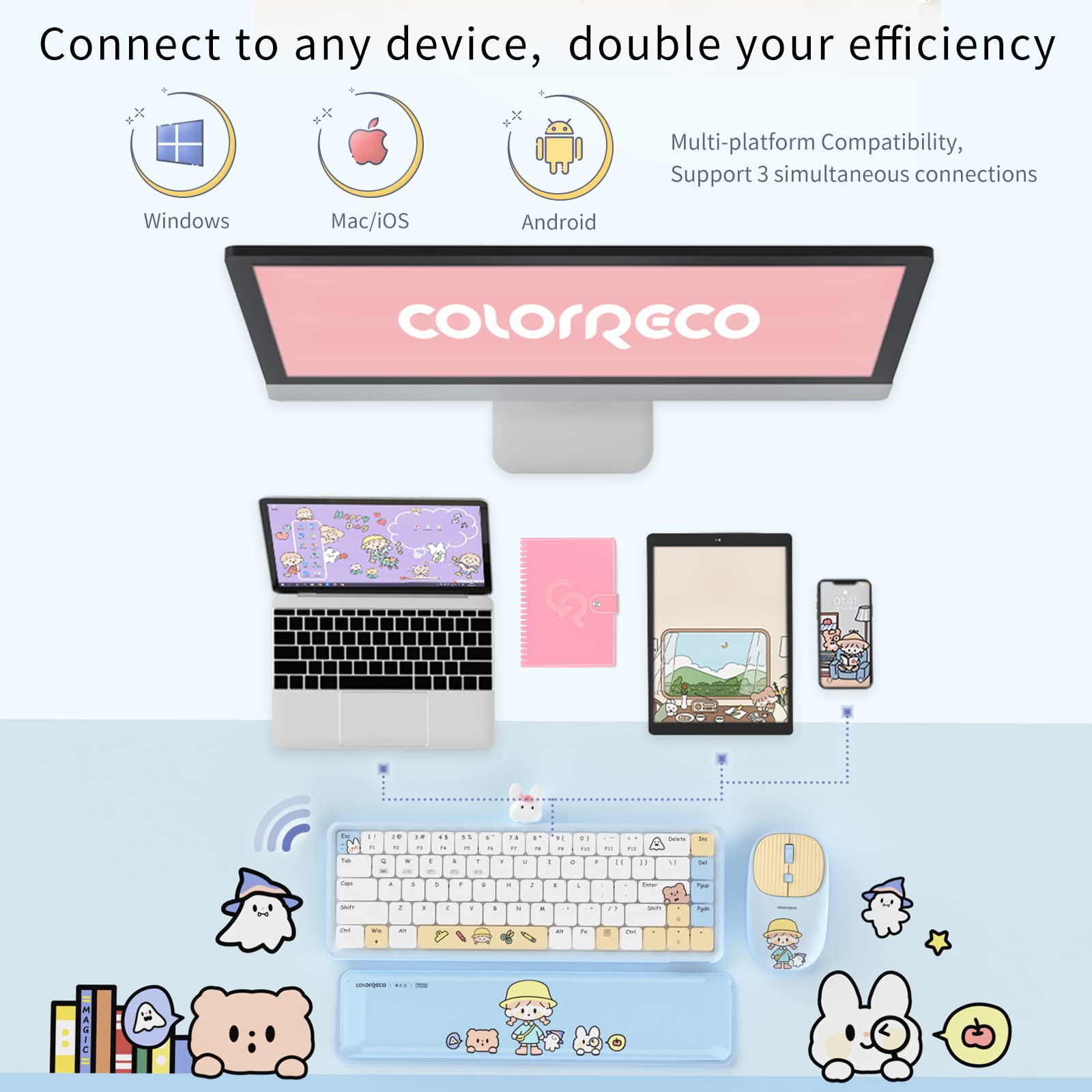 Ultra-Thin Wireless Keyboard and Mouse Combo, Compact 60% Mechanical Gaming Keyboard, Keyboard Palm Rest & Large Mouse Pad, 4 Level White Backlit Keyboard for Windows Mac Android iOS (Blue)