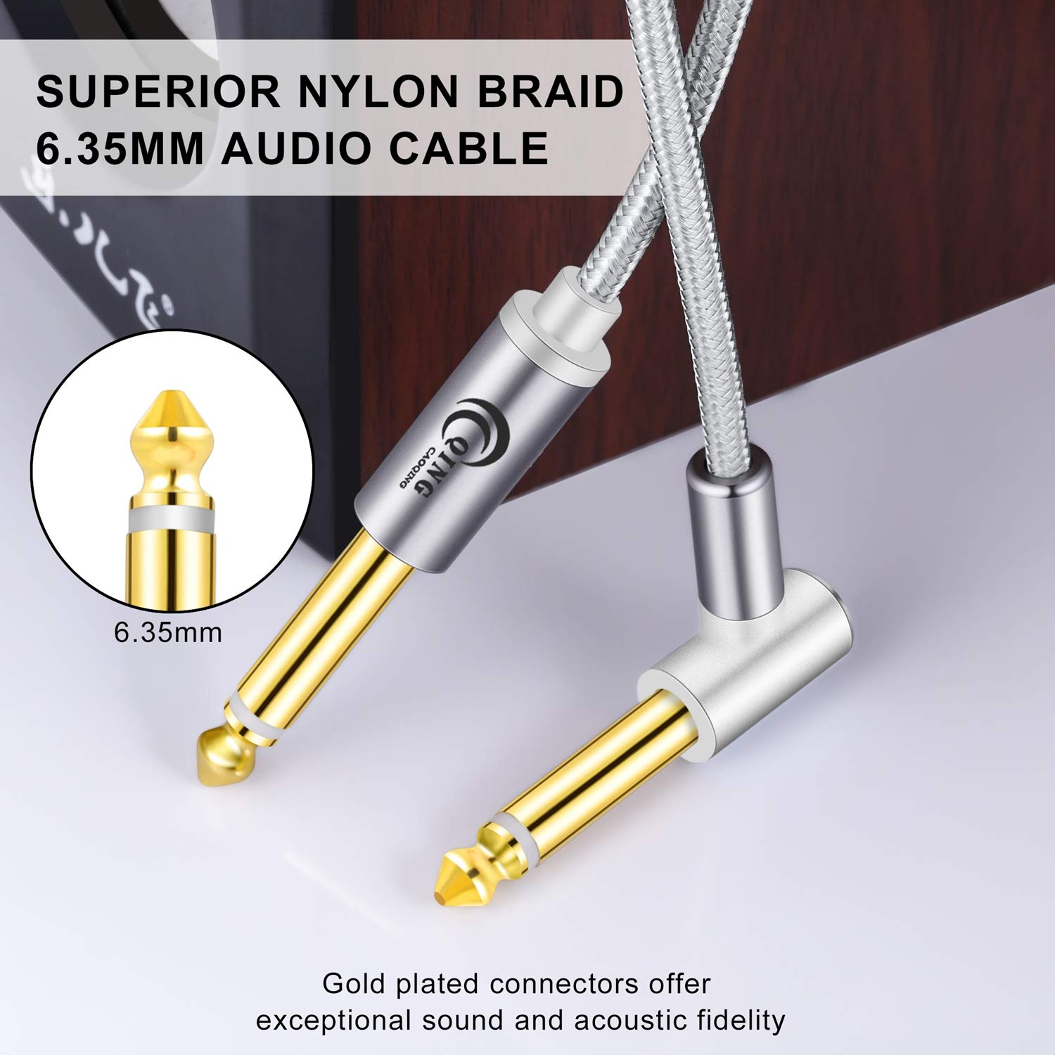 QING CAOQING Audio Instrument Cable 25ft Right Angle 1/4" Amp Cord for Bass & Electric Guitar - Straight to Right Angle 1/4 Inch Instrument Cable