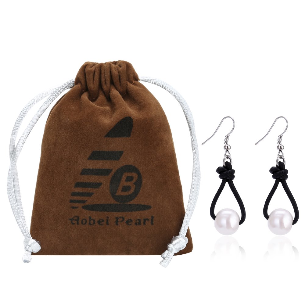 Freshwater White Pearl Dangle Earrings Genuine Leather Cord Hook Drop Bohemian Jewelry for Women Black