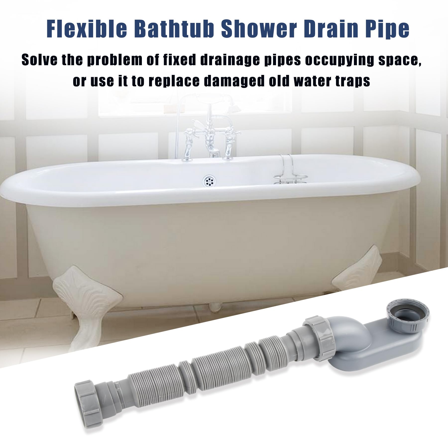 Low Profile 1 1/2 P Trap, Flexible Bathtub Shower Drain Pipe, Suitable for Freestanding Bathtub RV Bathtub(white)