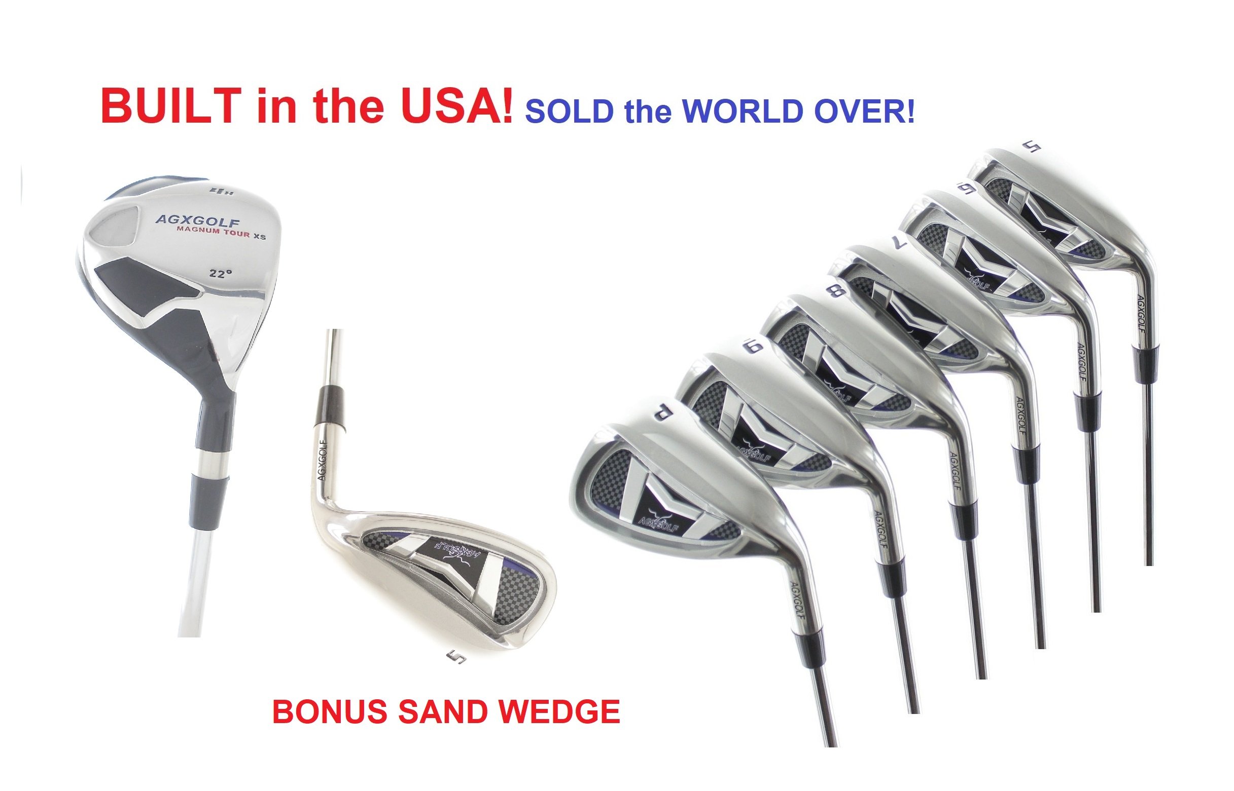 AGXGOLF Men's Regular Length XS Wide Sole Edition Complete Golf Set w/460 Driver +5 Wood + 4 Hybrid + 5-9 Irons + Pitching Wedge + Sand Wedge: Senior Flex, Right Hand: USA Built!