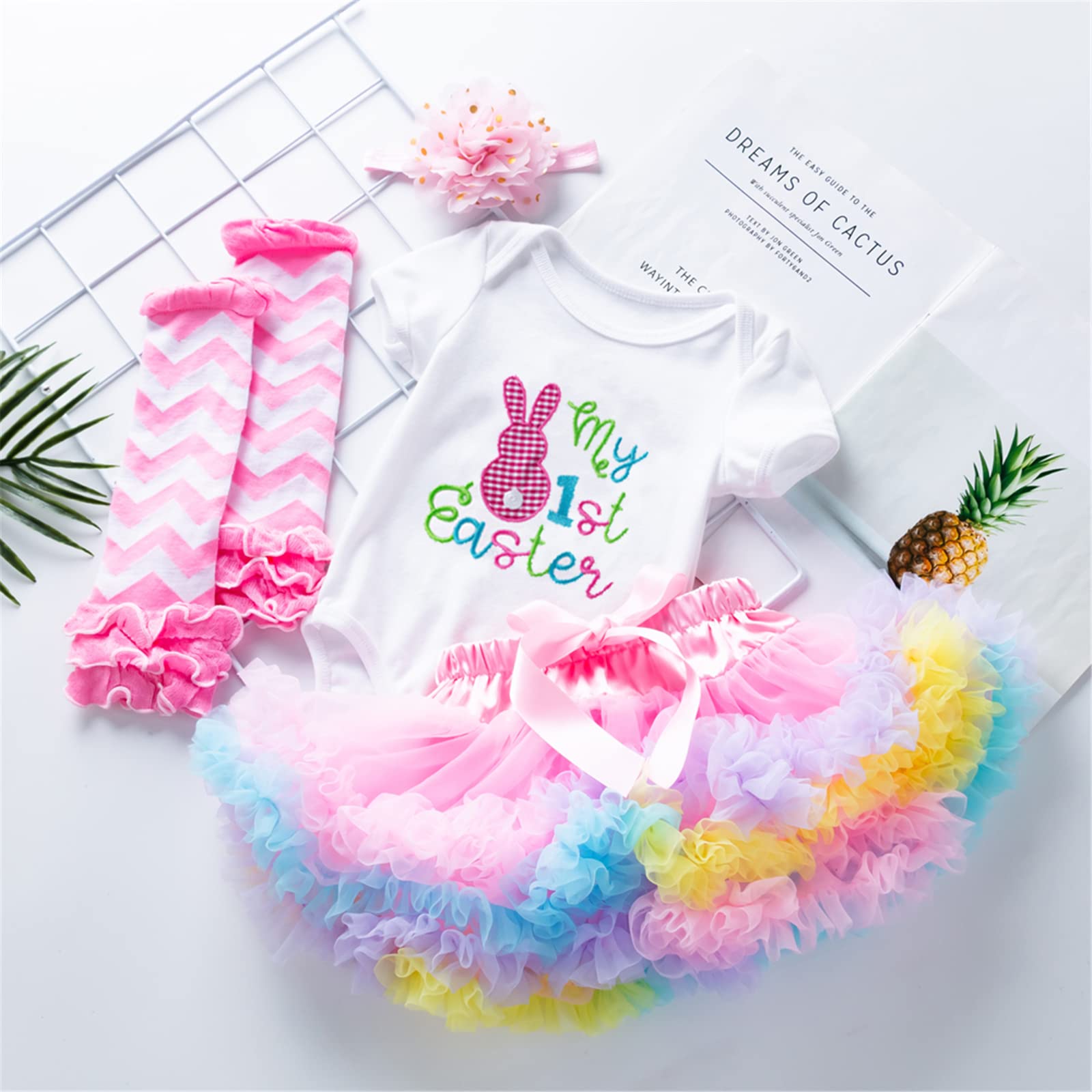My First Easter Outfits Baby Girl Short Sleeve Rabbit Romper+Tutu Skirt+Headband+Leg Warmers Clothes Set (Pink, 0-3 Months)