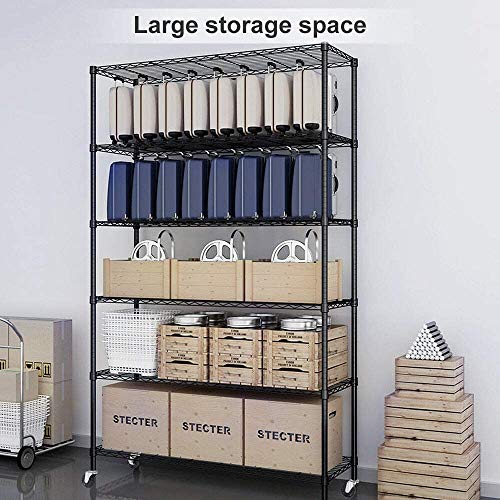 Storage Shelves Heavy Duty 6 Tier Wire Shelving Unit with Wheels Adjustable Metal Wire Shelf 48" L×18" W×82" H Standing Garage Shelves 2100 Lbs Weight Capacity Multifunctional Home Storage Rack, Black