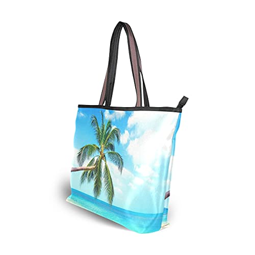 Zipper Tote Bag Lightweight Shoulder Handbag for WomenTropical Beach Palm Summer Long Top Beach Bags for Work Shopping Travel School,L