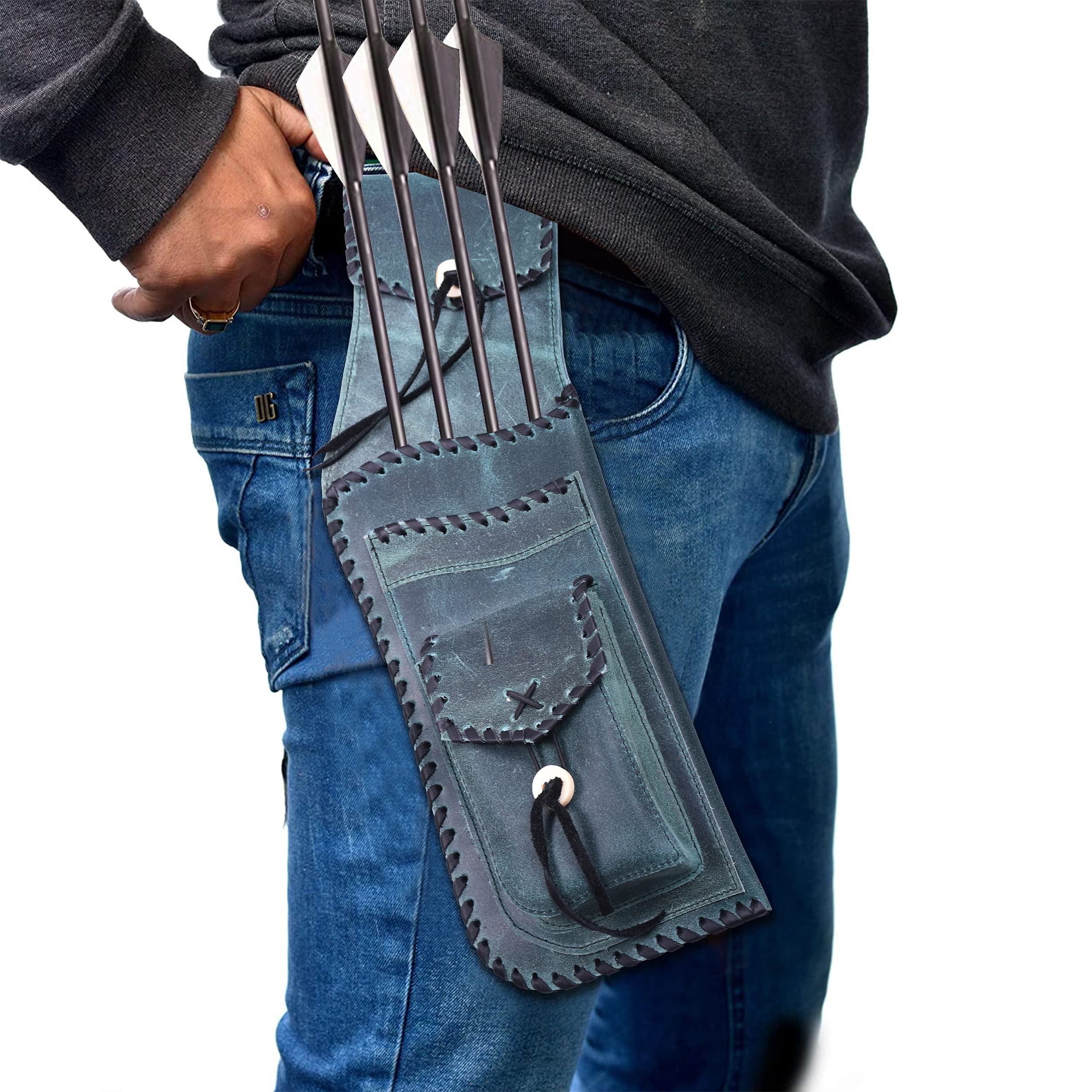 ClubCorp Genuine Cow Hide Leather Handmade Side/Hip Quiver Leather Arrow Holder for Youth Adjustable Quivers for Bow Hunting & Archery Sports (Right Side, Warango-2, Black/Blue)