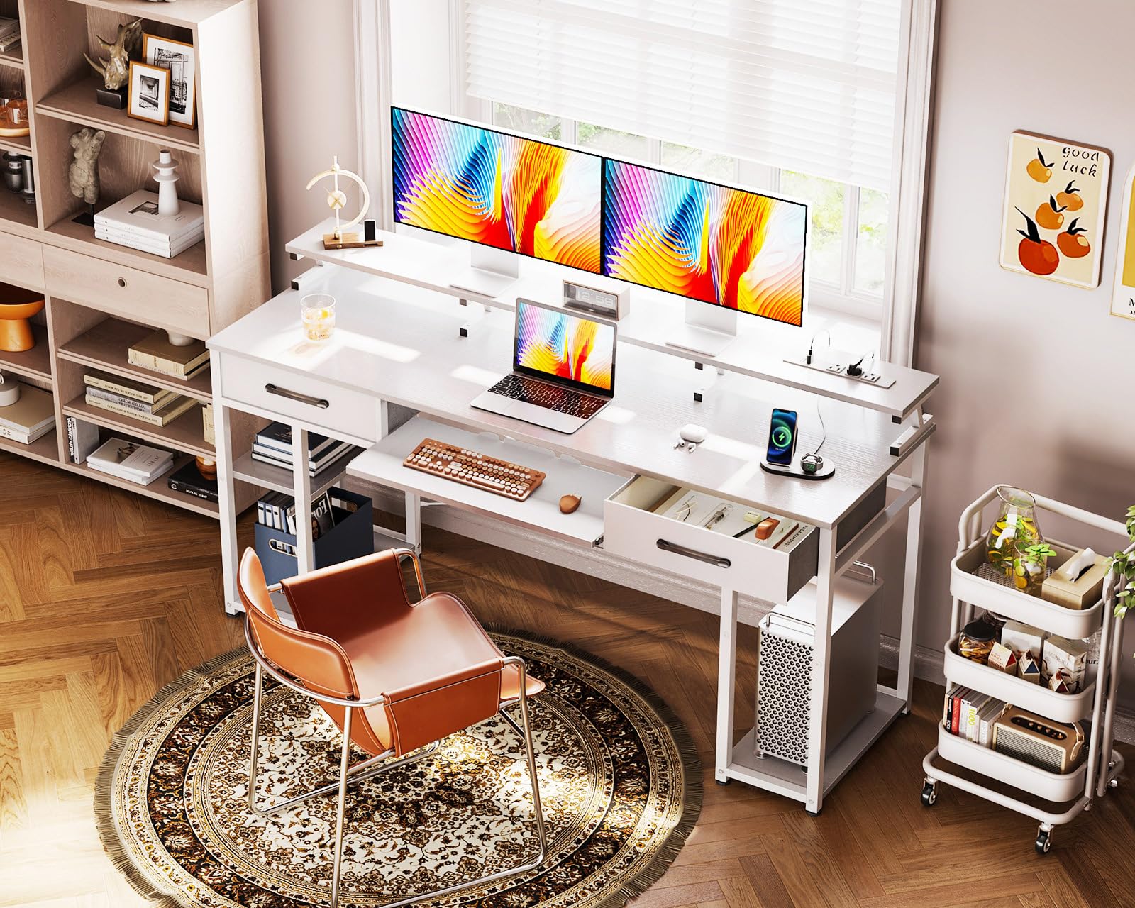 ODK Computer Desk with Drawers, 55 Inch Office Desk with Power Outlet and Keyboard Tray & Storage Shelves & PC Stand, Office Table Work Desk with Monitor Stand, White