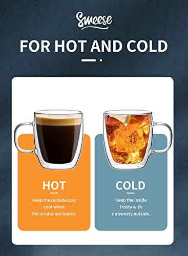 Sweese Double Wall Glass Coffee Mugs - 12.5 oz Insulated Clear Coffee Mugs Set of 2, Perfect for Espresso, Cappuccino, Latte, Americano, Tea Bag, Beverage (413.101)