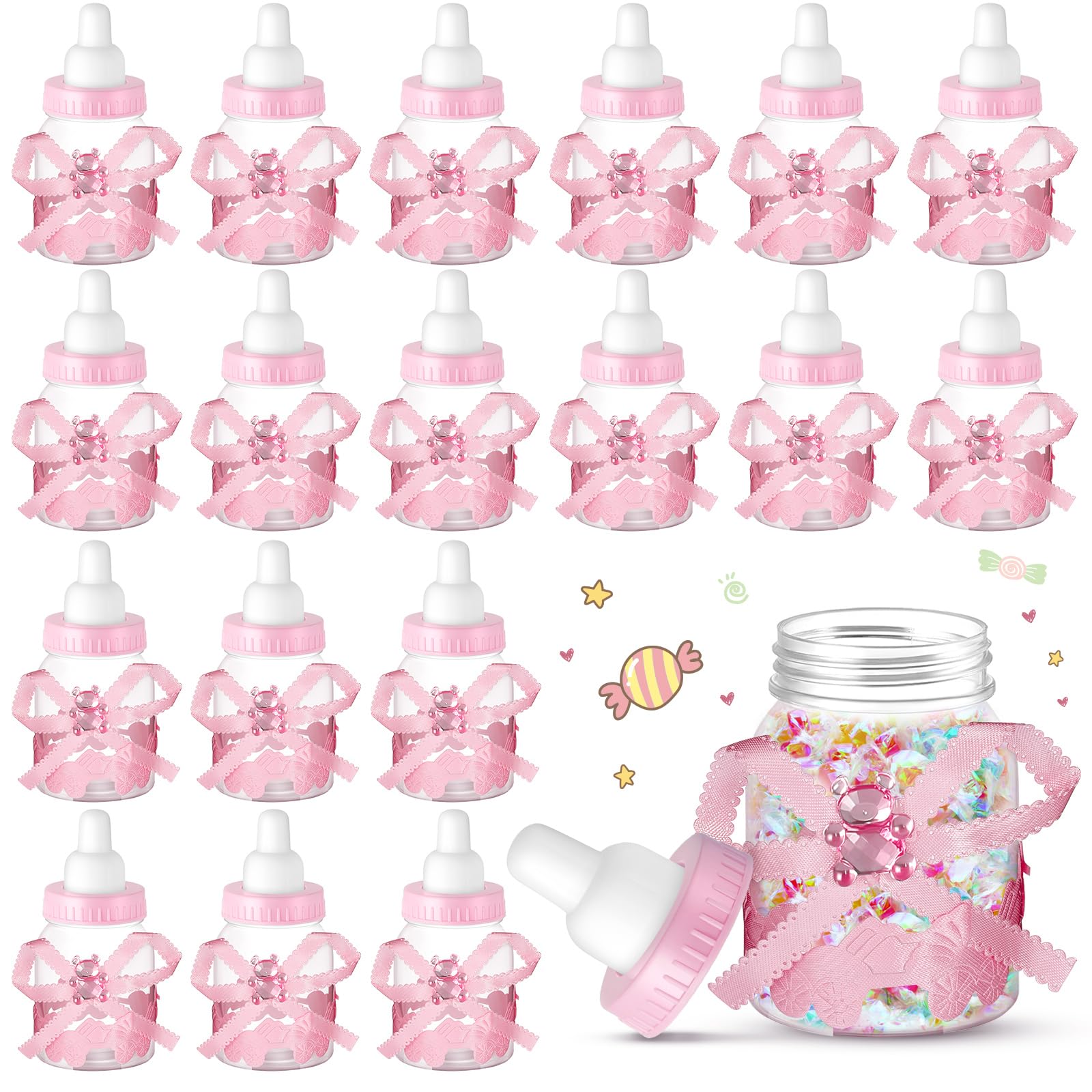 Nuenen 36 Pcs Baby Shower Bottles Baby Shower Mini Milk Bottle Plastic Bear Mini Baby Bottles for Baby Shower Candy Bottles with Ribbon for Baby Shower Favor Gift (Pink)