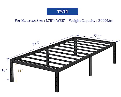YUSENHEEI Twin Size Bed Frame 16 Inches High Metal Platform Bedframe with Slat Strips Easy Assembly Heavy Duty Strong No Need Box Spring Noise Free Non-Slip Large Storage Space Underbed