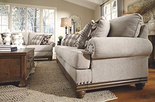 Signature Design by Ashley Harleson Modern Farmhouse Loveseat with Nailhead Trim and 4 Accent Pillows, Beige