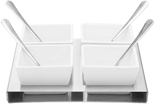 White Ceramic Appetizer Condiment Relish Serving Bowl Set of 4 With Spoons & Stainless Steel Tray (Modern Square)