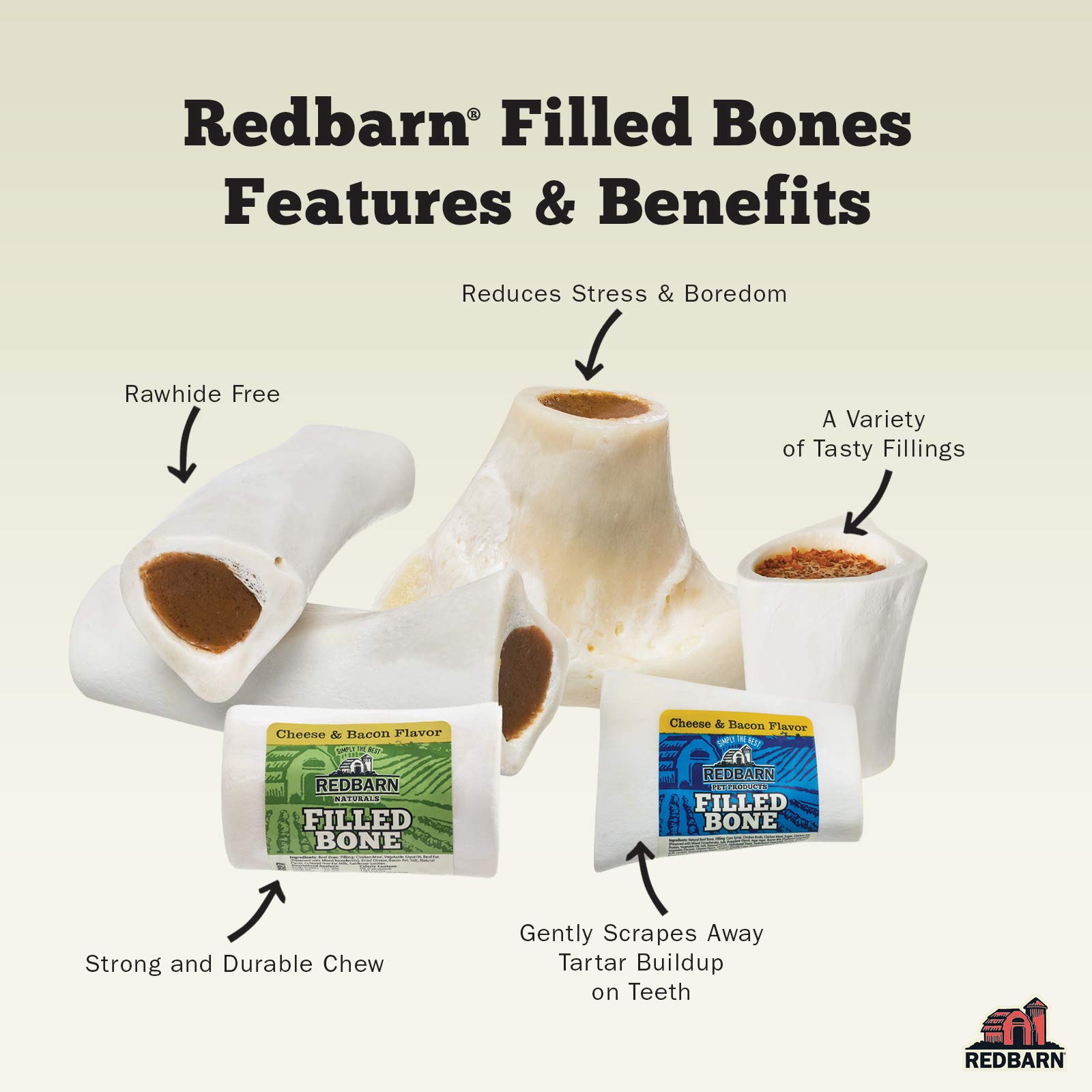 Redbarn Filled Dog Bones | Natural Long-Lasting Dental Treats; Suitable for Aggressive Chewers | Large (6") - 3 Bones (Peanut Butter)
