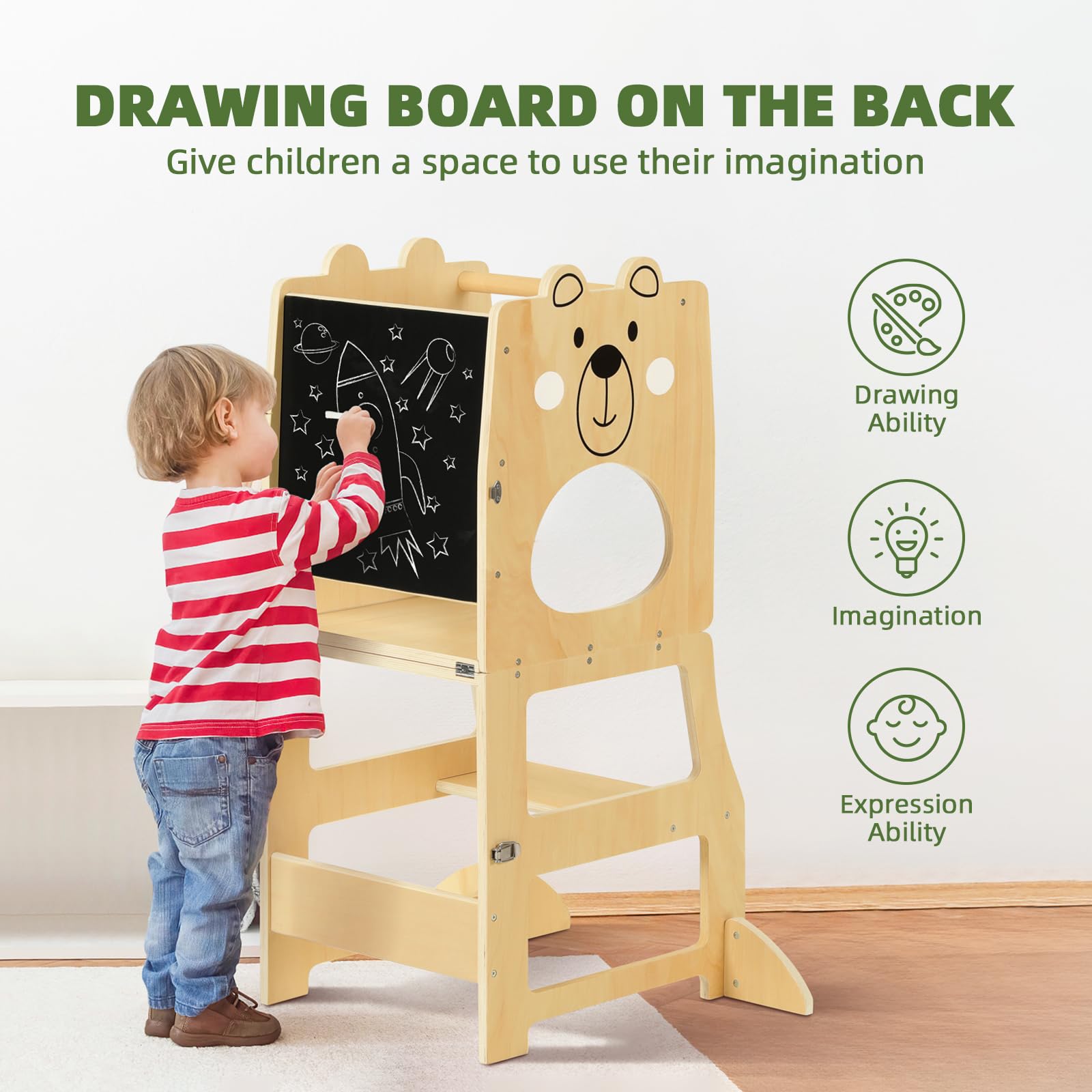 OOOK 3-in-1 Learning Kids Tower, Kitchen Stool for Toddlers Wtih Foldable Kids Tower, Kitchen Stool for Kids, Learning Kids Tower Suitable for Bathroom and Kitchen