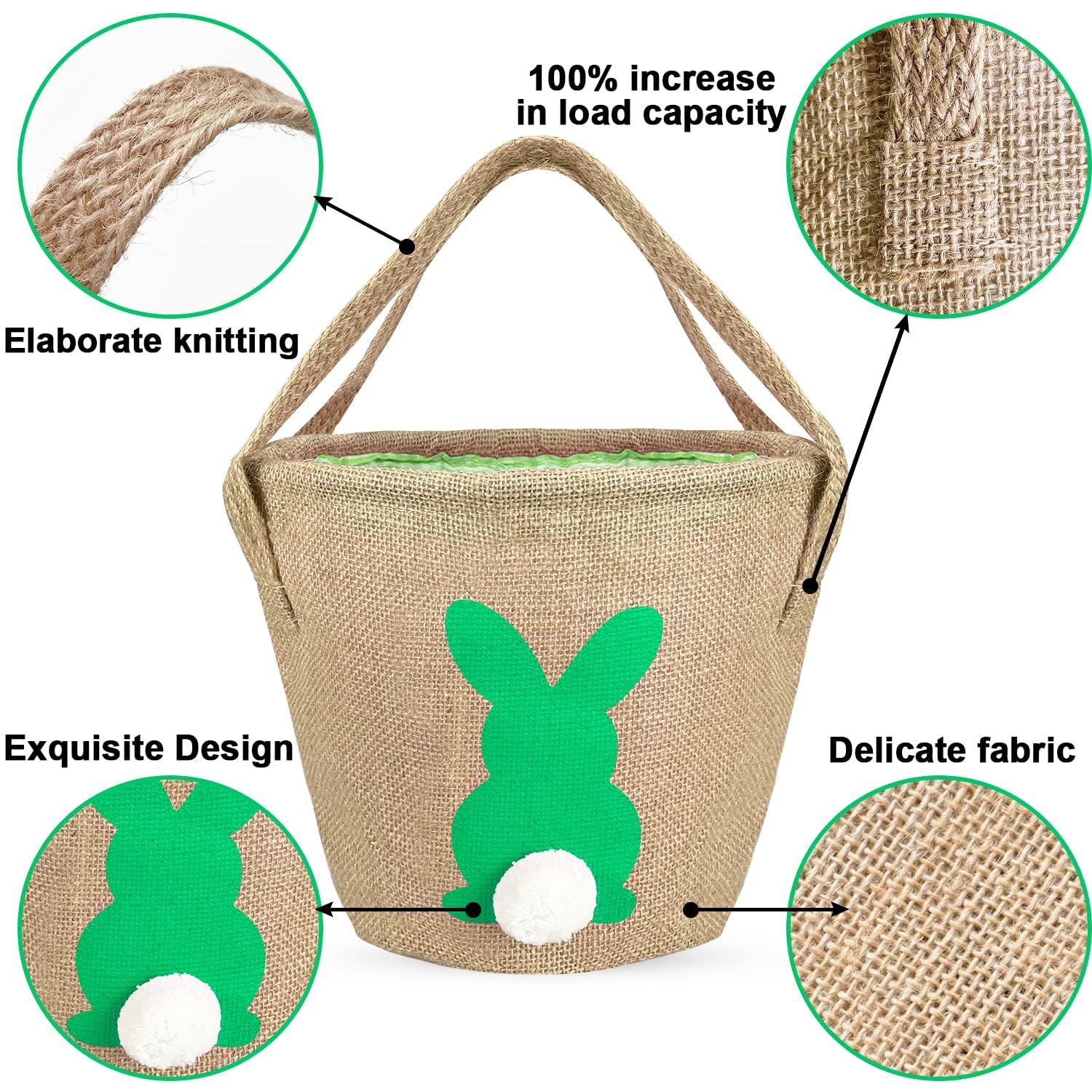 Leesgel Easter Baskets for Kids, Bunny Basket Easter Egg Hunt Baskets, Rabbit Buckets Large Easter Basket Gifts Bags for Boys Girls (Green)